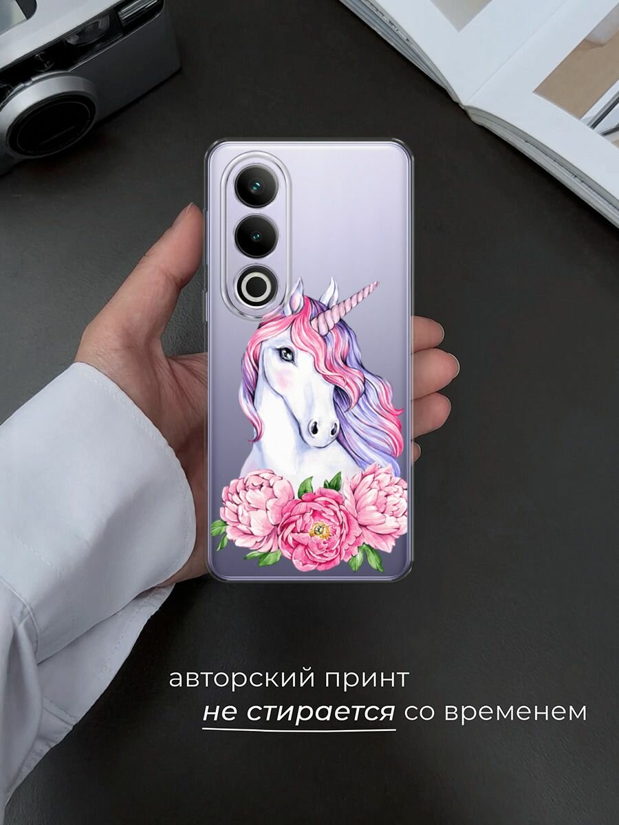 Чехол на Oneplus Ace 3V / Ван Плас Эйс 3V с принтом "Единорог с пионами", прозрачный — фото 1