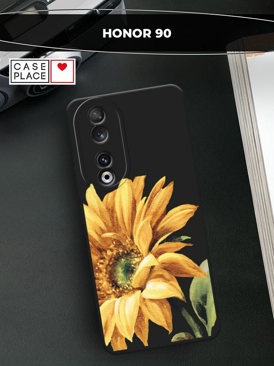 Черный матовый чехол на Honor 90 / Хонор 90 с принтом "Желтая хризантема"