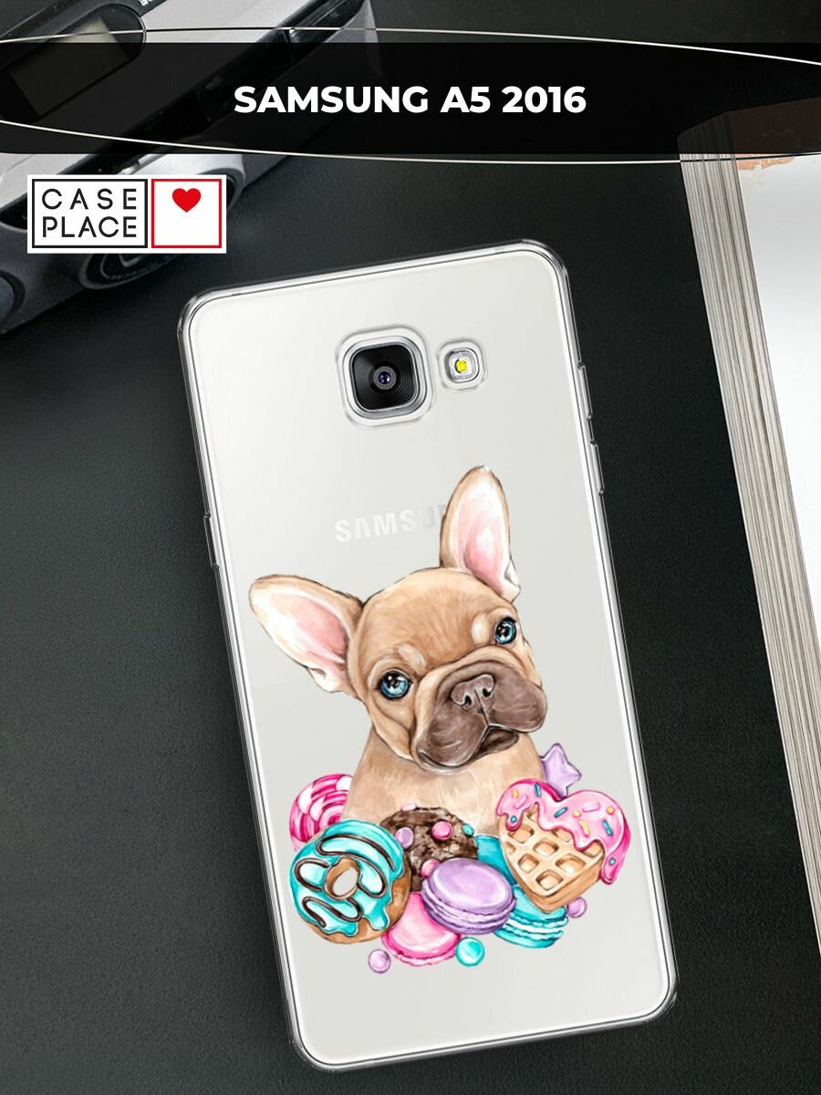 Чехол на Samsung Galaxy A5 2016 / Самсунг Галакси А5 2016 с принтом "Бульдог и сладости", прозрачный