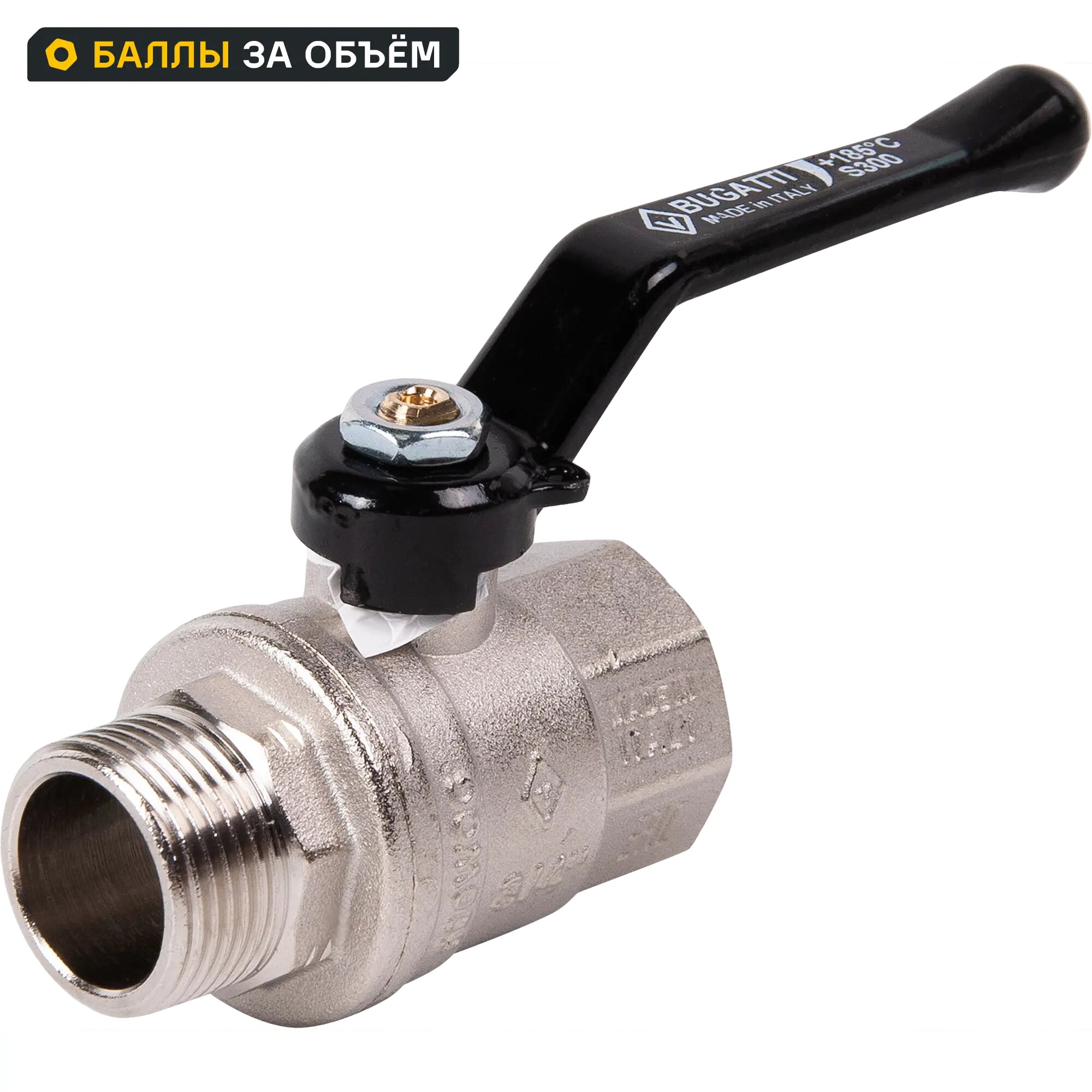 Bugatti Oregon кран шаровой прямой DN20 PN40 3/4" НР/ВР латунь ручка рычаг монтаж