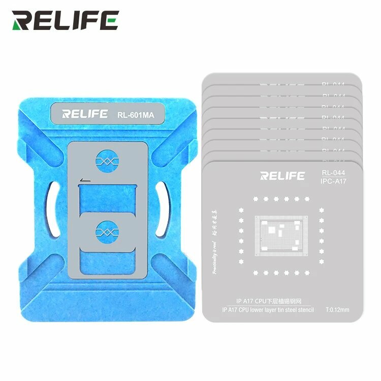 Держатель Relife RL-601MA для фиксации плат и микросхем (с трафаретами для пайки iPhone A8 A18 Pro)