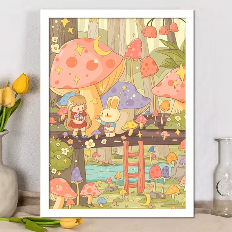 Деревянная головоломка 300 деталей с темой Грибной Лес и белой деревянной рамкой для детей 6+ обучающая игрушка