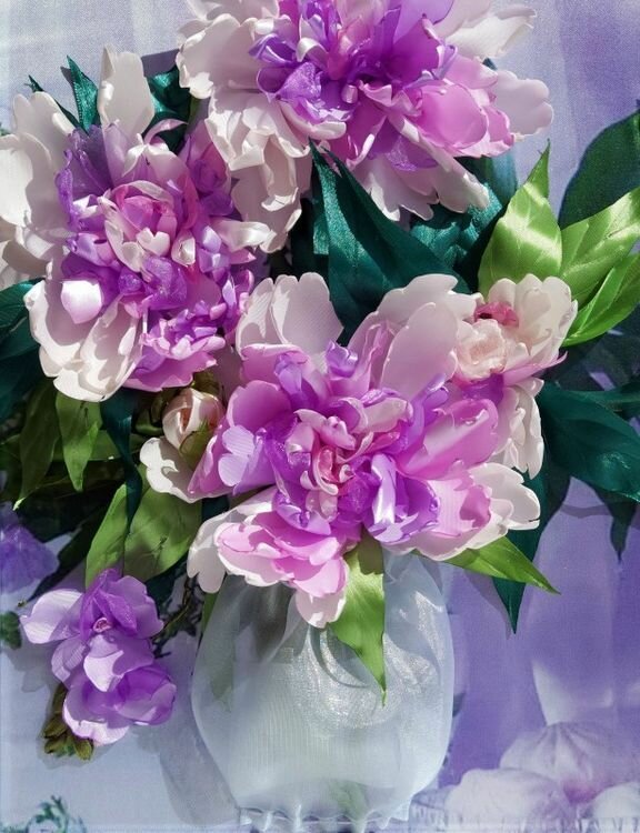 Вышивка лентами набор фабрика рукоделия "Пионы в вазе" 30х40 см, Цветы Букеты