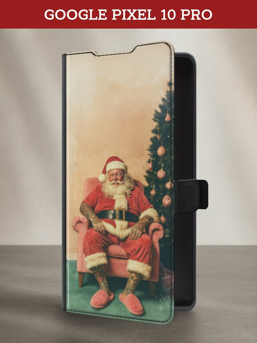 Чехол-книжка на Google Pixel 10 Pro / Гугл Пиксель 10 Про с принтом Крутой Дед-Мороз, черный