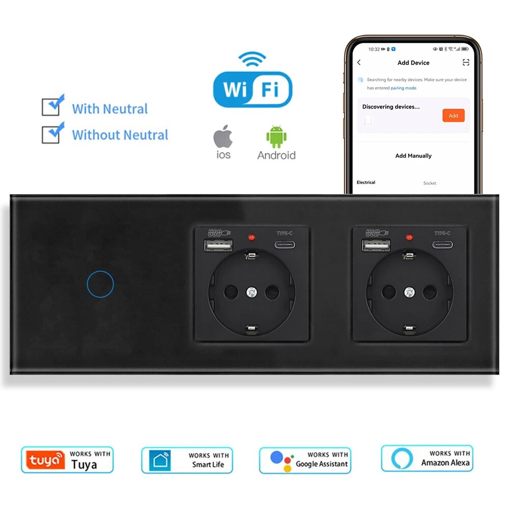 SRAN Smart Touch Switch 16A черный 224 1gang 2EU AC