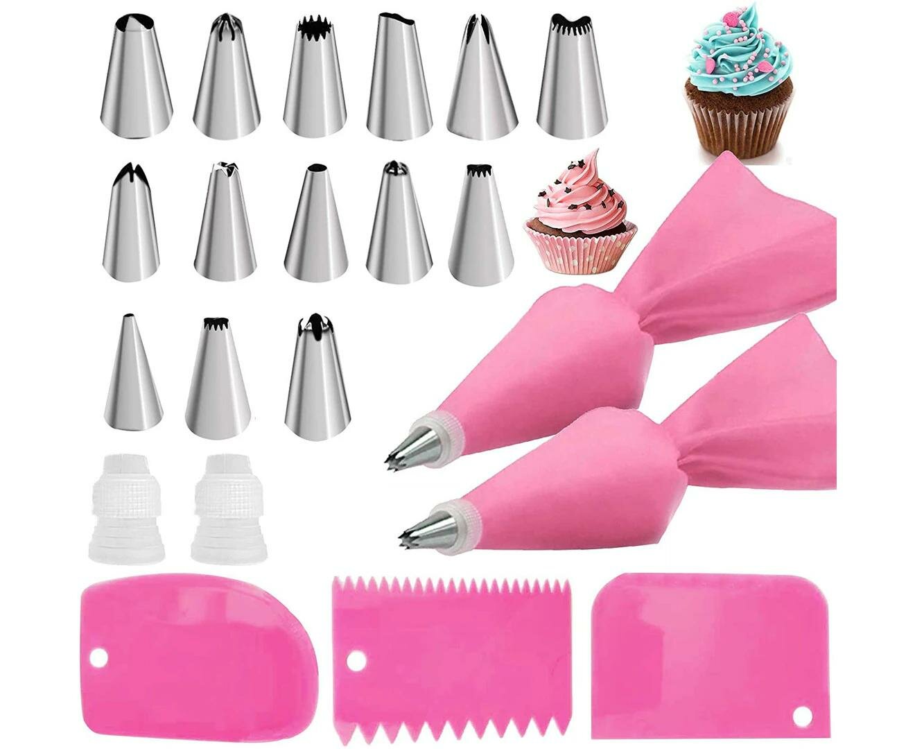 Набор для декорирования тортов 21 piece cake decorating nozzle set, 14 штук сопел для украшения тортов, 2 штуки сумок для декорирования EVA, 2 штуки конвертеров, 3 штуки кремовых скребков, материал нержавеющая сталь TPU, вес около 0.083 кг, размер сумки