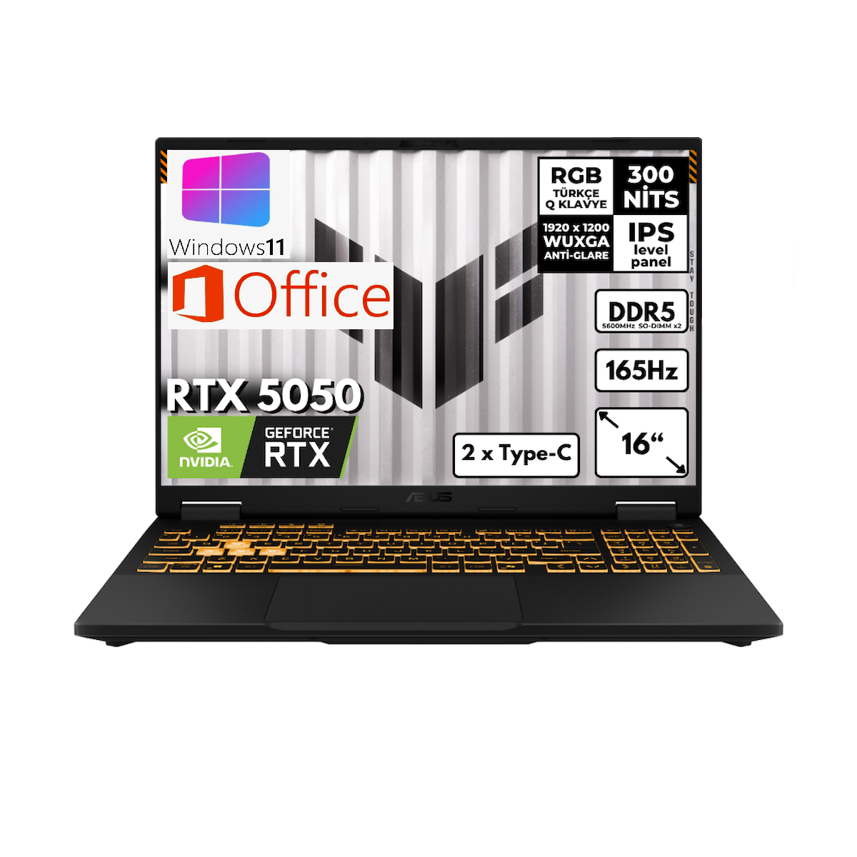 Игровой ноутбук 16" ASUS TUF: Core I5 14450HX (до 4.8 ггц),16 Gb DDR5, SSD 1 TB, RTX 5050-8 GB, Win 11+Office, рус. клав.