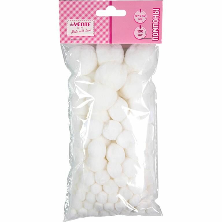 Набор помпонов для творчества deVENTE белые, 15-40 мм, 100 шт в упаковке (8000561)