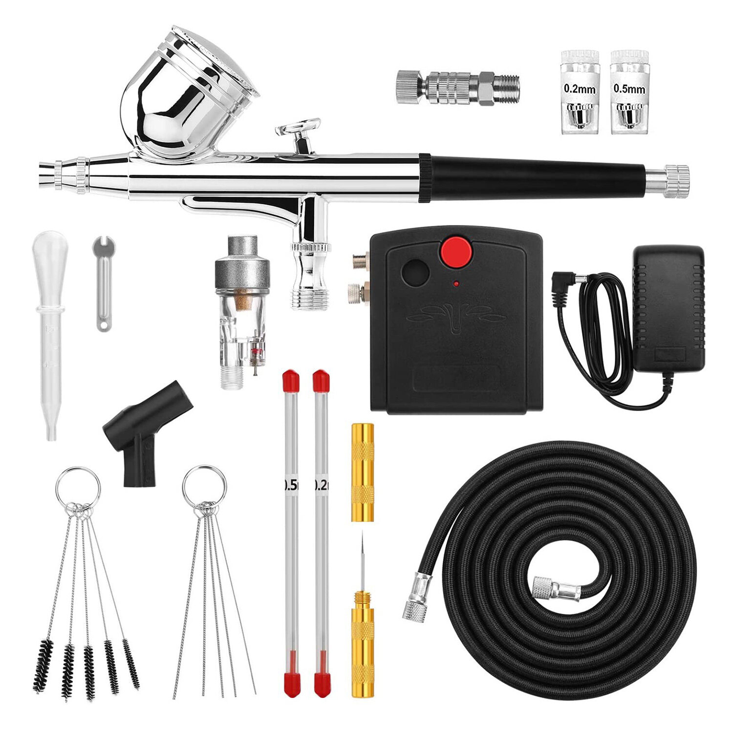 Мини-комплект для эйрбруши с набором для очистки, сменными иглами 0.2мм и 0.5мм, гравитационным пером для эйрбруши, 1 компрессор, 1 распылитель, 1 штатив, 1 адаптер питания, 2 иглы, 2 сопла, 1 быстрый адаптер G1/8, 1 гаечка, 1 шланг 1.8м, 2 щетки для