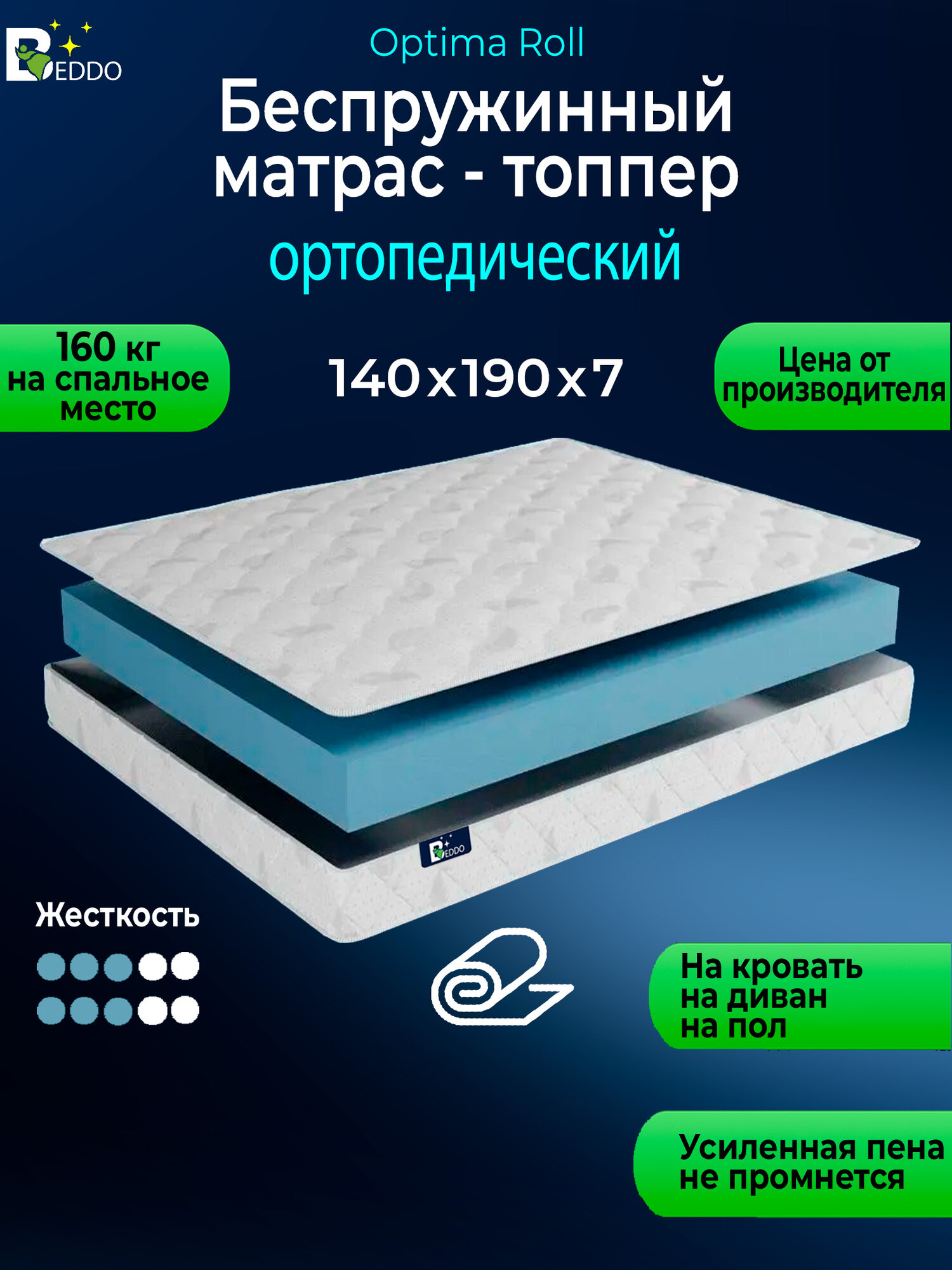 Топпер-наматрасник 140х190 7 см BEDDO Orto Top, матрас для дивана Беспружинный