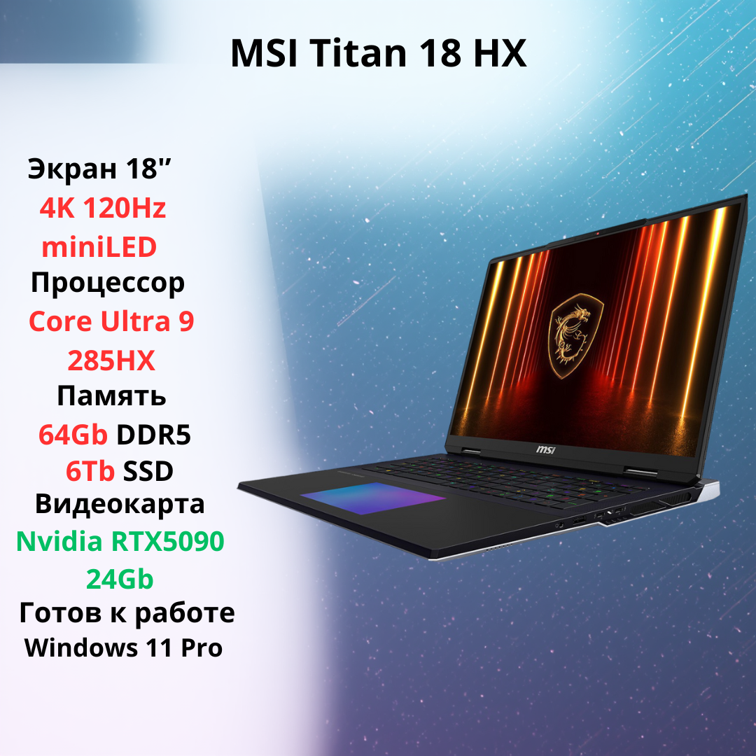 Ноутбук MSI Titan 18 HX / Ultra 9 285HX, 64GB, 6TB, RTX5090, Mini LED 4K