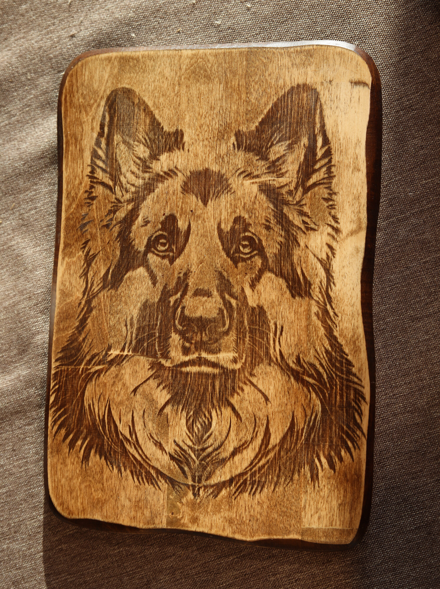 Картина из дерева с гравировкой. Овчарка. Размер 23 на 34см. Материал береза.