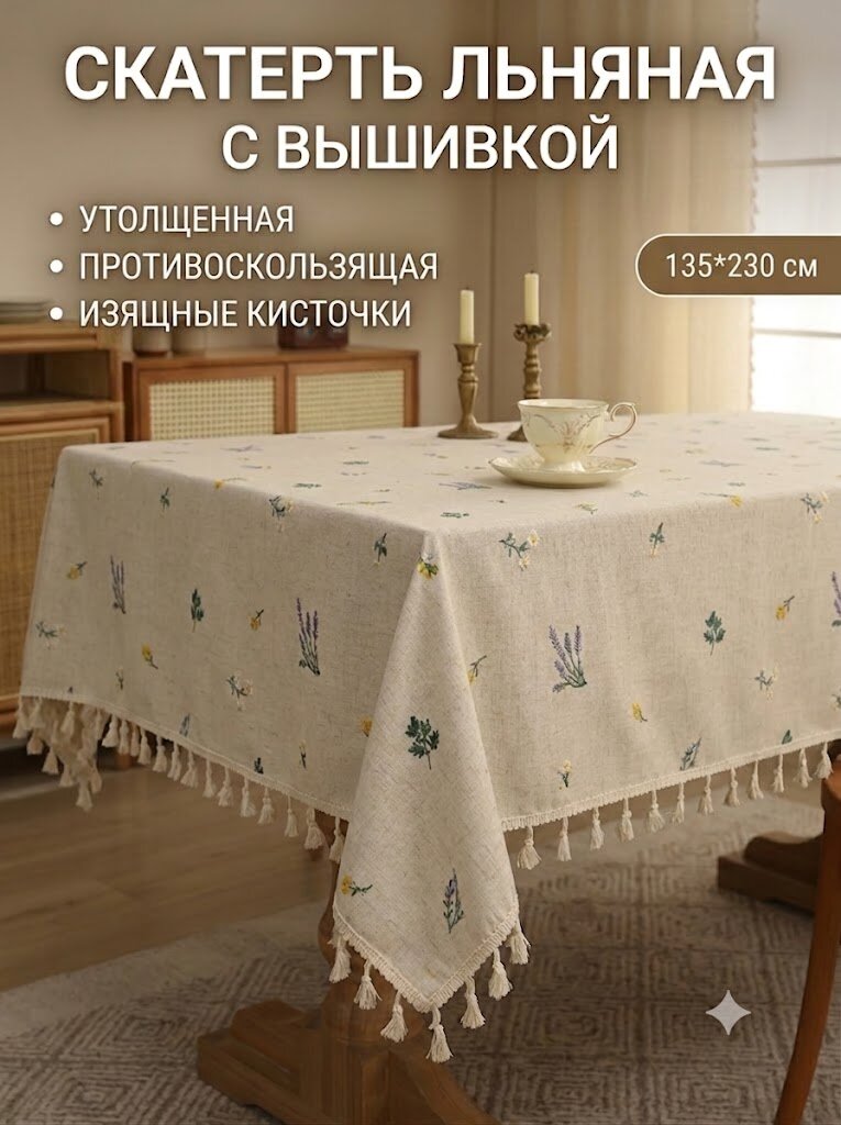 Скатерть на стол прямоугольная, льняная плотная с вышивкой и кисточками, 135х230 см