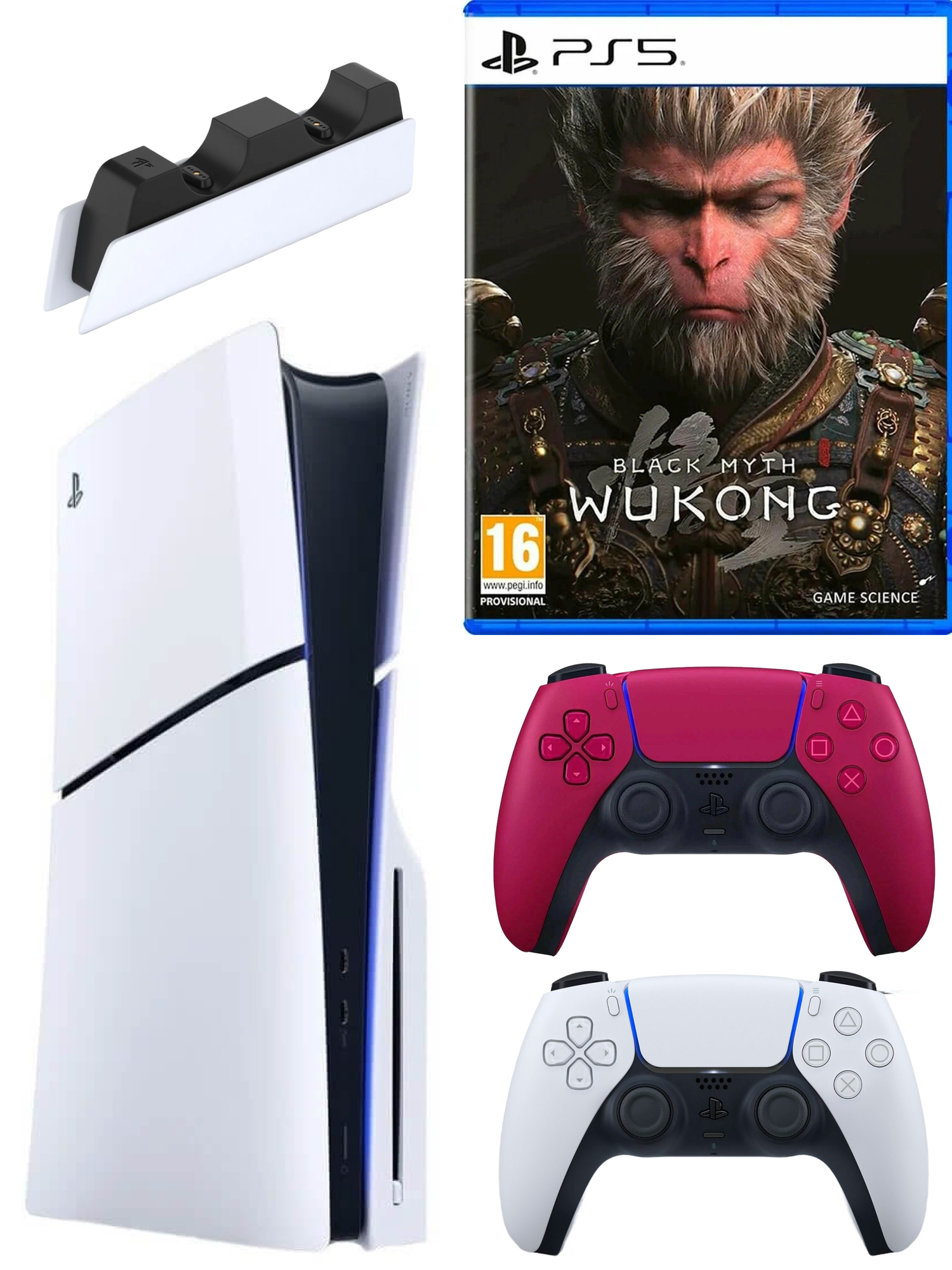 Игровая приставка Sony PS 5 Slim, 1ТБ(с дисководом)+2 геймпад(cosmic red)+Зарядная станция+Black Myth: Wukong