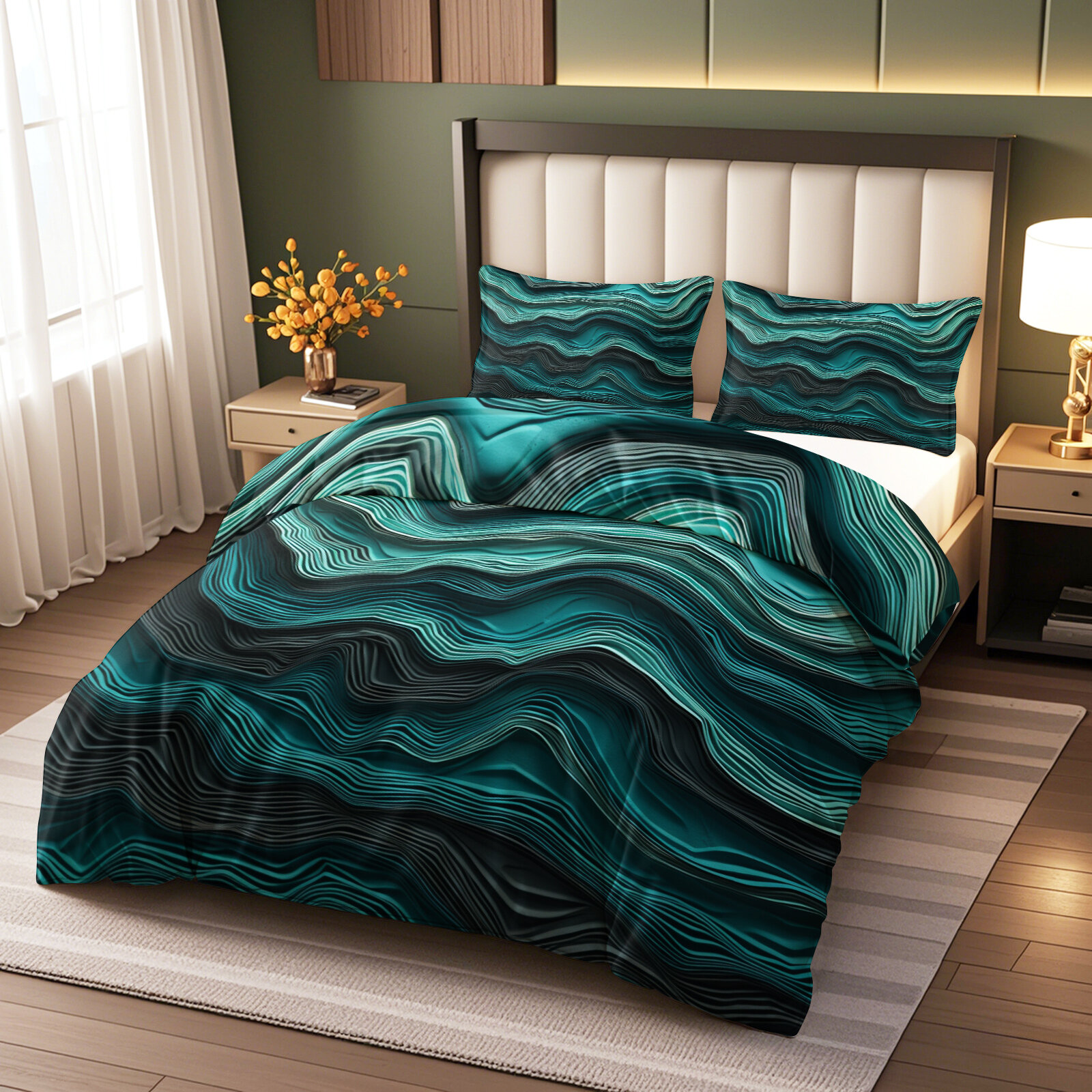 Постельное белье 2-спальное, евро простынь 200x220cm,2 наволочки 70х70, Абстрактная Волна полисатин спальный комплект