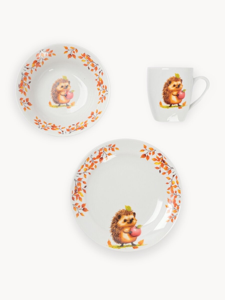 Набор детской посуды Подарочный Дулевский фарфор «Ёжик», 3 предмета: тарелка 175 мл, миска 360 мл, кружка 210 мл, белый