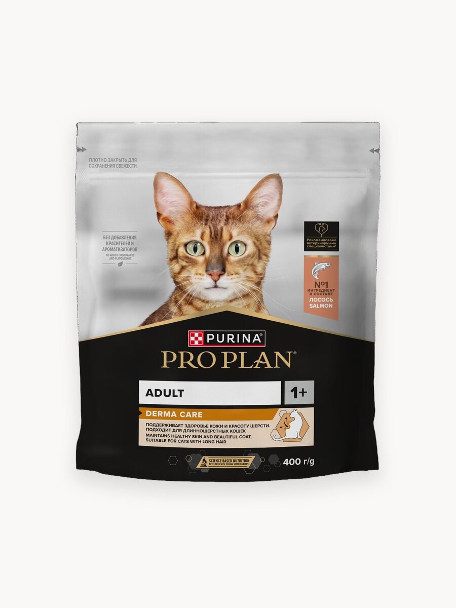 Сухой корм PRO PLAN® DERMA CARE для кошек для здоровья кожи и красоты шерсти с лососем, 400 г