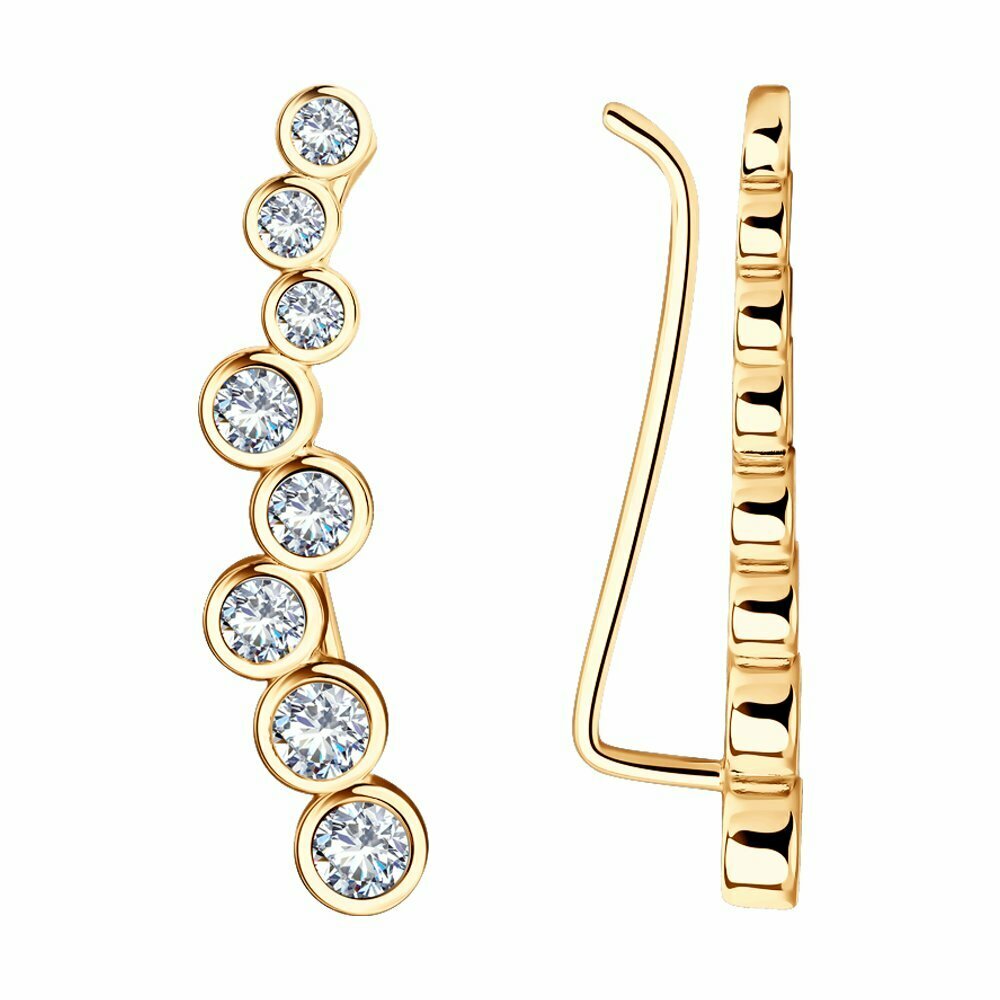 Серьги клаймберы, серебро, 925 проба, золочение, фианит