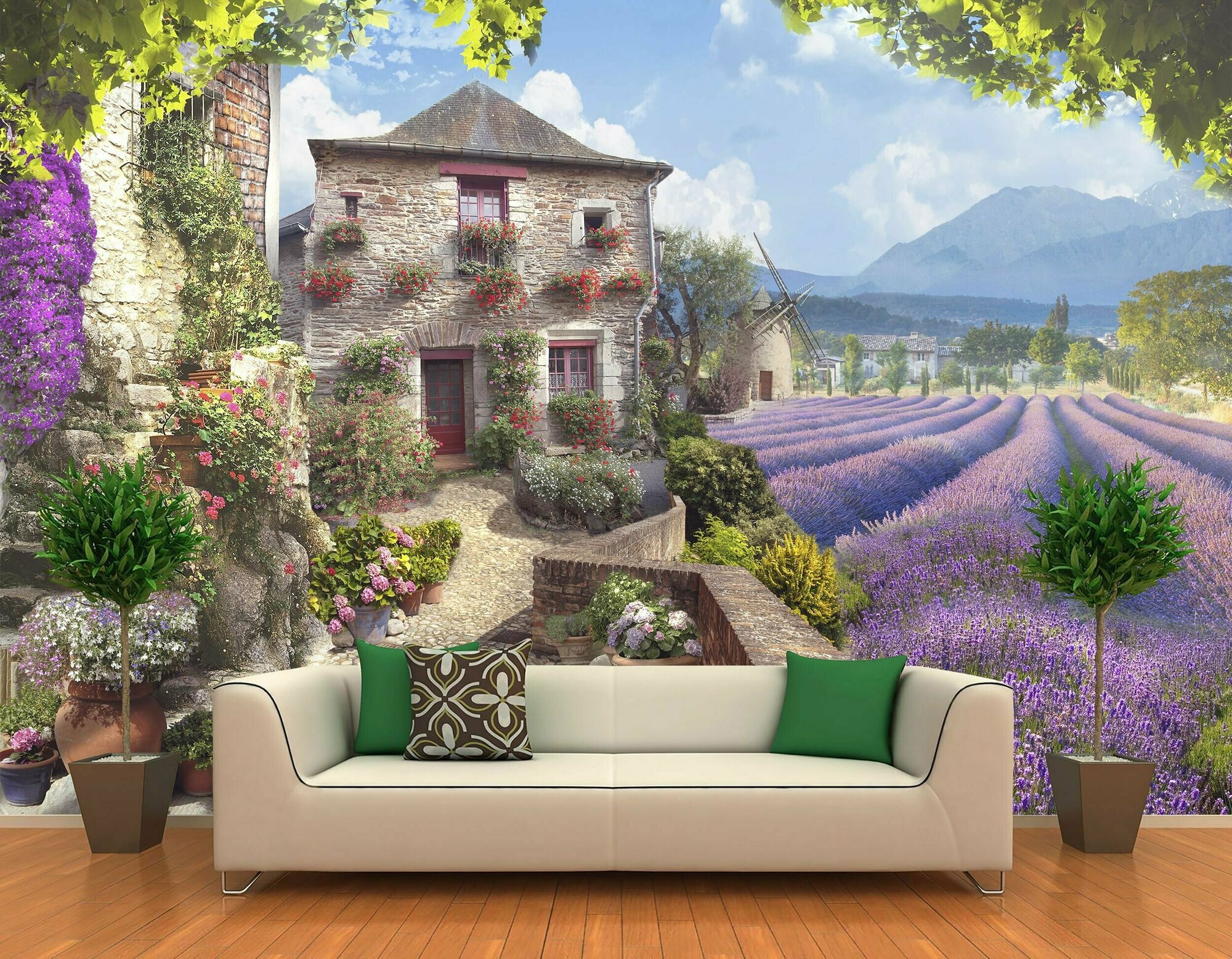 Фотообои флизелиновые 150х100см. на стену. Серия FRESCO ARTDELUXE. Пейзаж после с лавандой в стиле фреска. Обои дизайнерские, эксклюзивные.