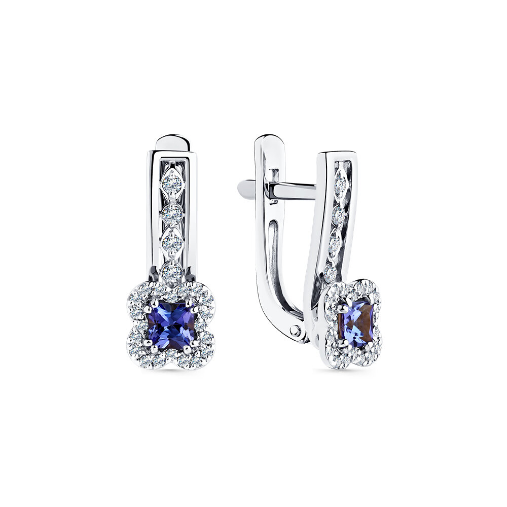 Серьги, белое золото, 585 проба, бриллиант, танзанит