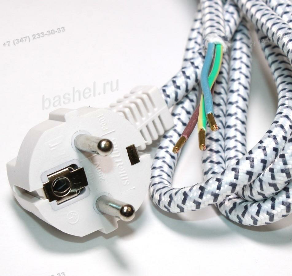 Шнур сетевой в тканевой оплетке с заземлением для утюга белый 1,8 метра 10А/2,2кВт SmartBuy SBE-10-P08-w