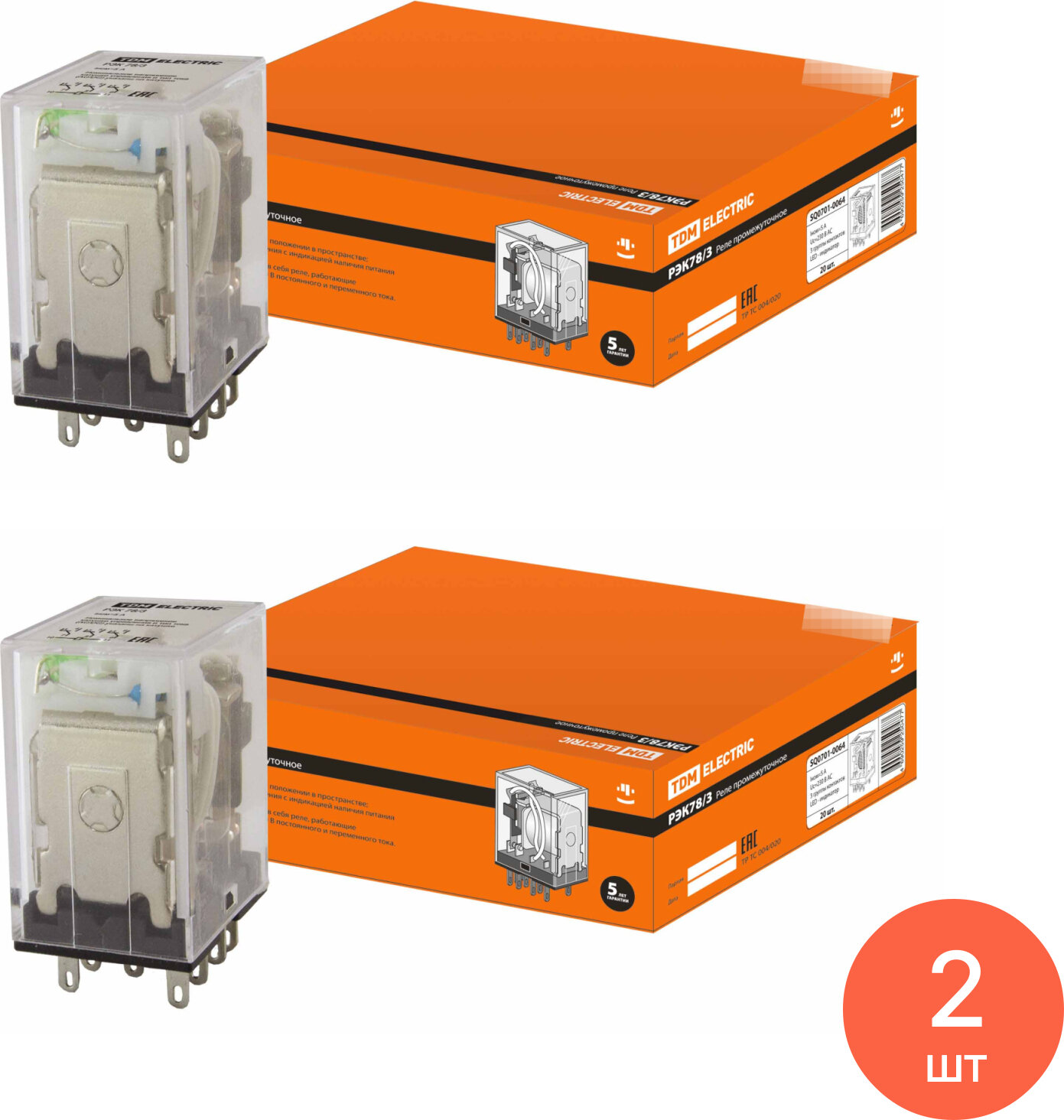 Реле промежуточное TDM Electric / ТДМ Электрик РЭК78/3 с индикацией, серебросодержащие контакты, 20.5×42×27мм, 5А 230В AC / электрика (комплект из 2 шт)