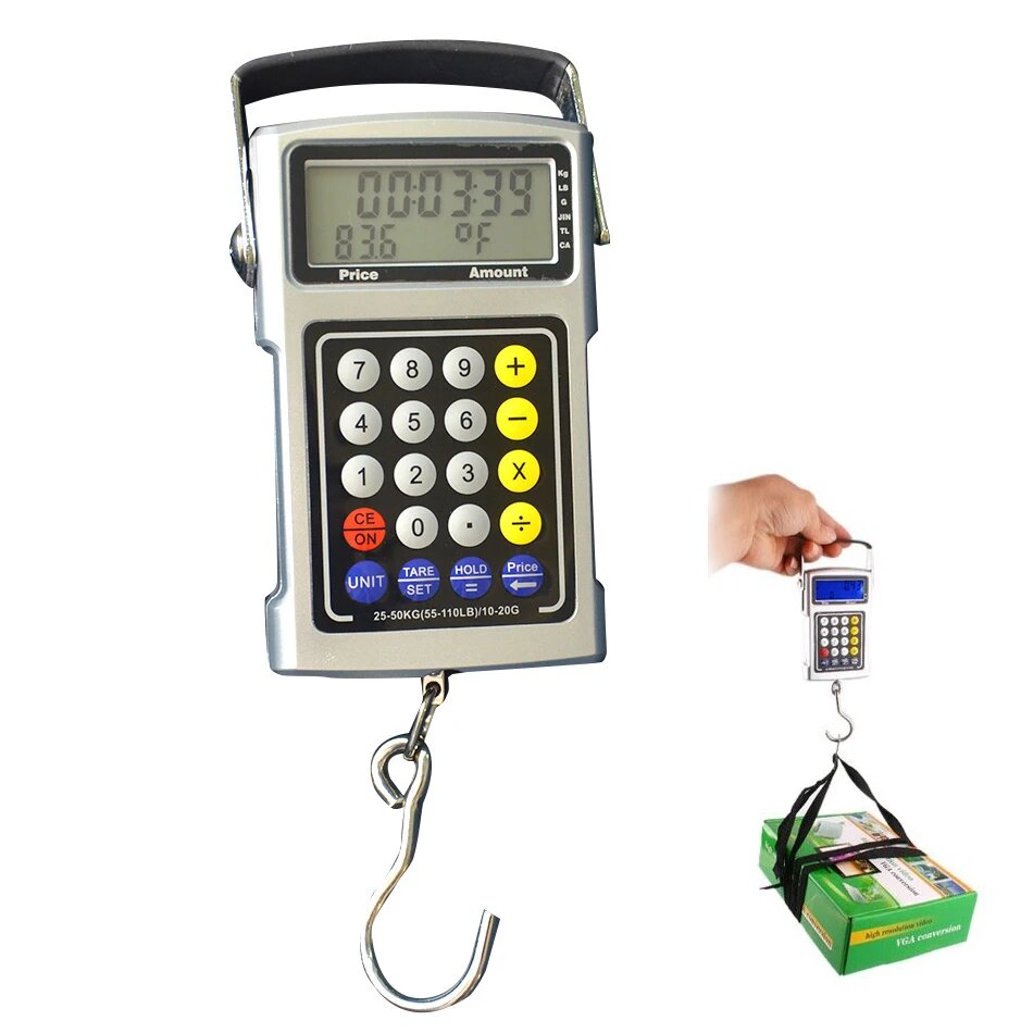 Профессиональные цифровые подвесные весы, 50 кг, 20 г, электронный калькулятор, термометр, высокоточные весы с крючком для багажа