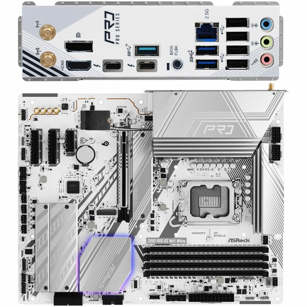 Материнская плата ASRock Z890 Pro RS WiFi White Z890 Soc-1851 4xDDR5, 4xSATA3, RAID, 4хM.2, 4xPCI-E16x, 3xUSB3.2, 2xUSB3.2 Type C, DP, HDMI, WiFi 2.5Glan, ATX