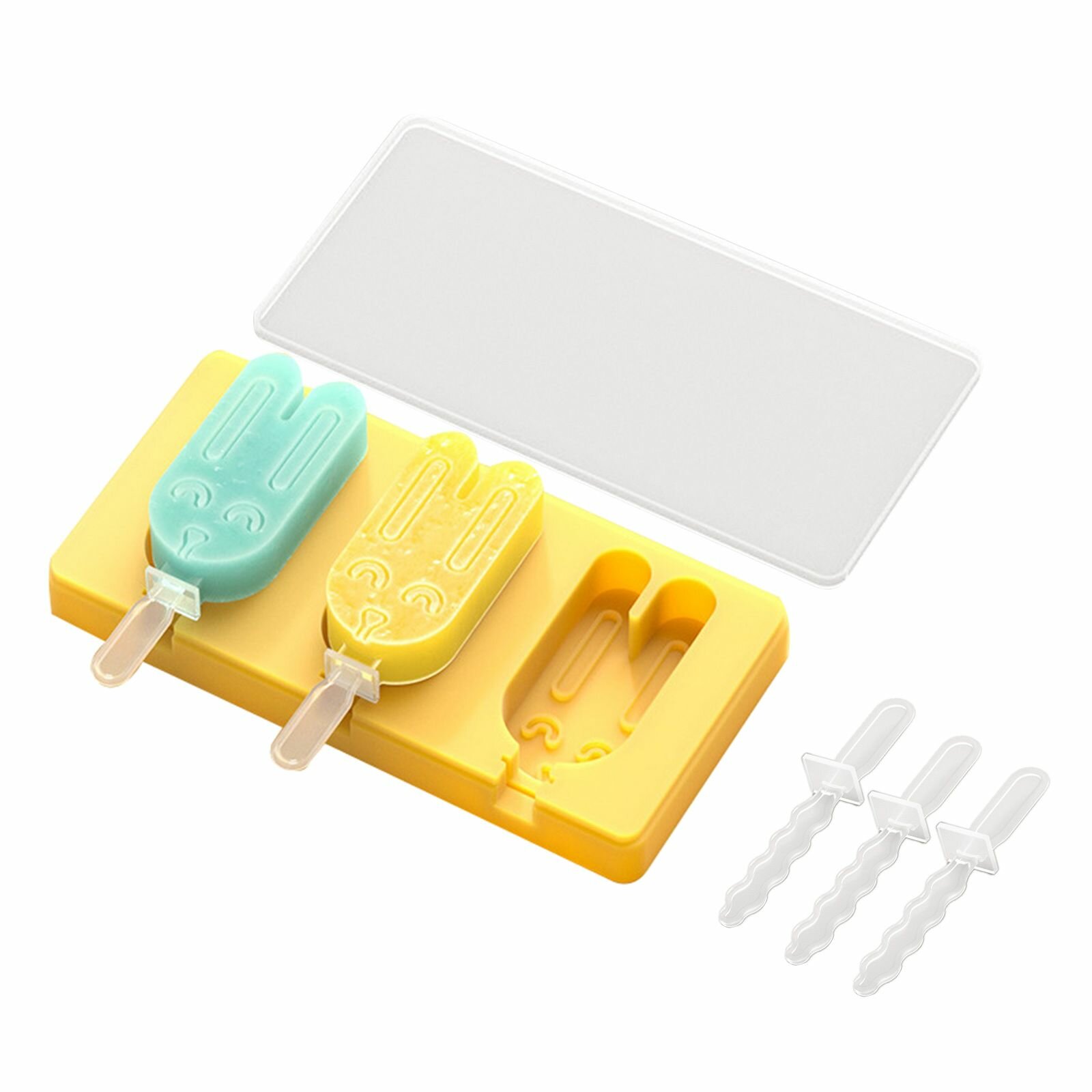 Силиконовая форма для мороженого в виде зверька с крышкой, три палочки для мороженого, оранжевый кролик