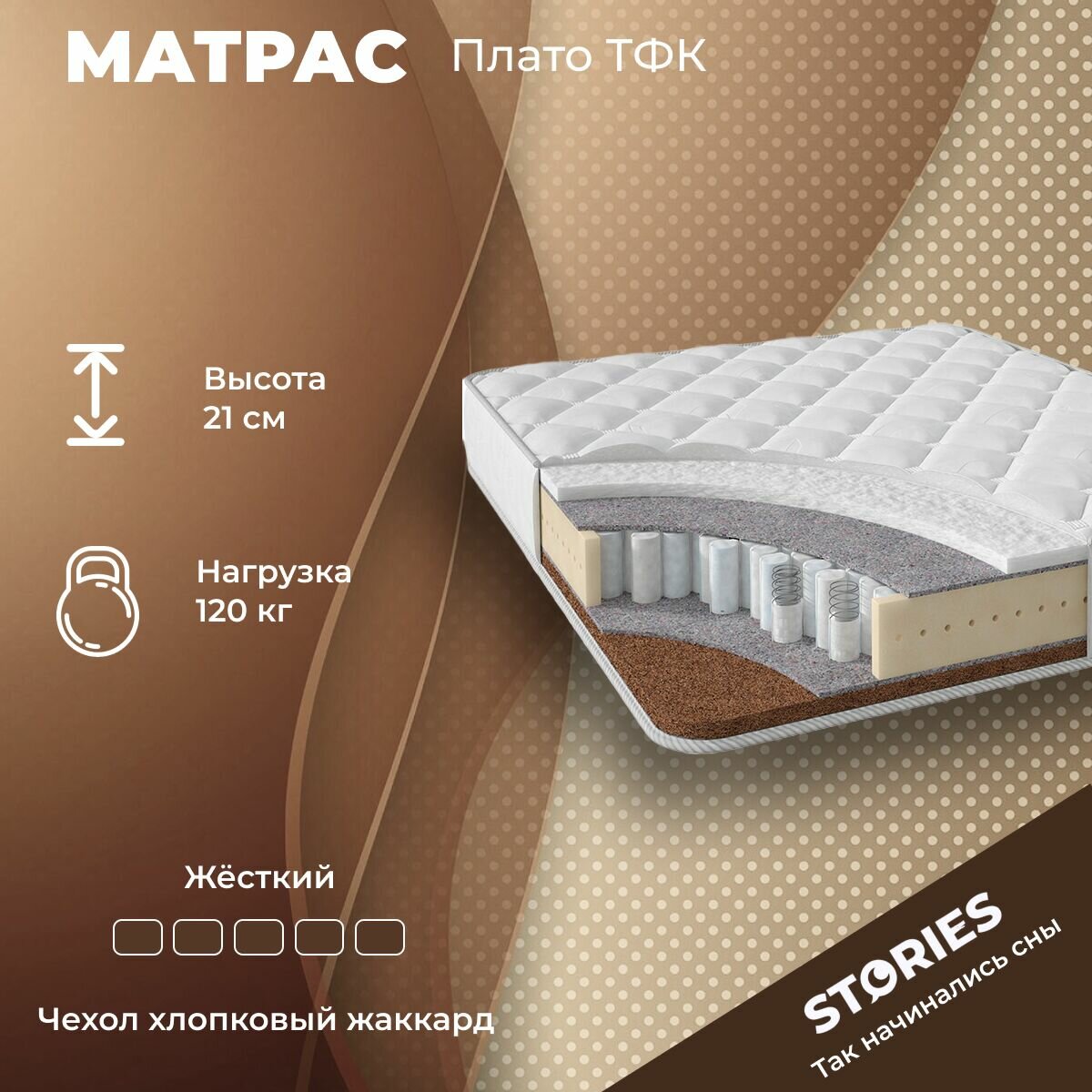 Матрас Stories Плато ТФК 80х195 серии Классик анатомический жесткий кокосовый Независимые пружины высота 21 см