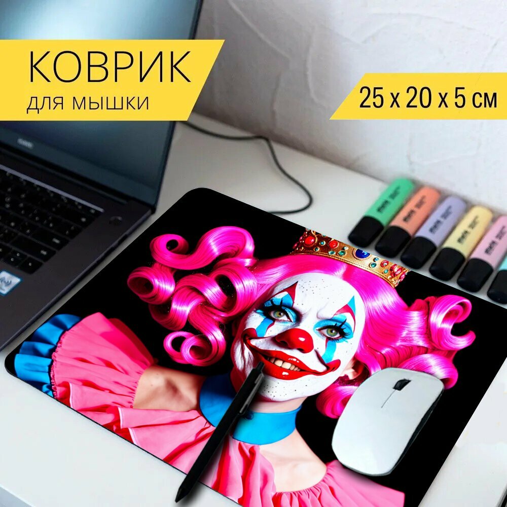 Коврик для мыши с принтом "Картинка с изображением клоунессы с яркими крупными кудрями розового цвета и короной, украшенной драгоценными камнями. На ней наряд с рюшами в." 25x20см.