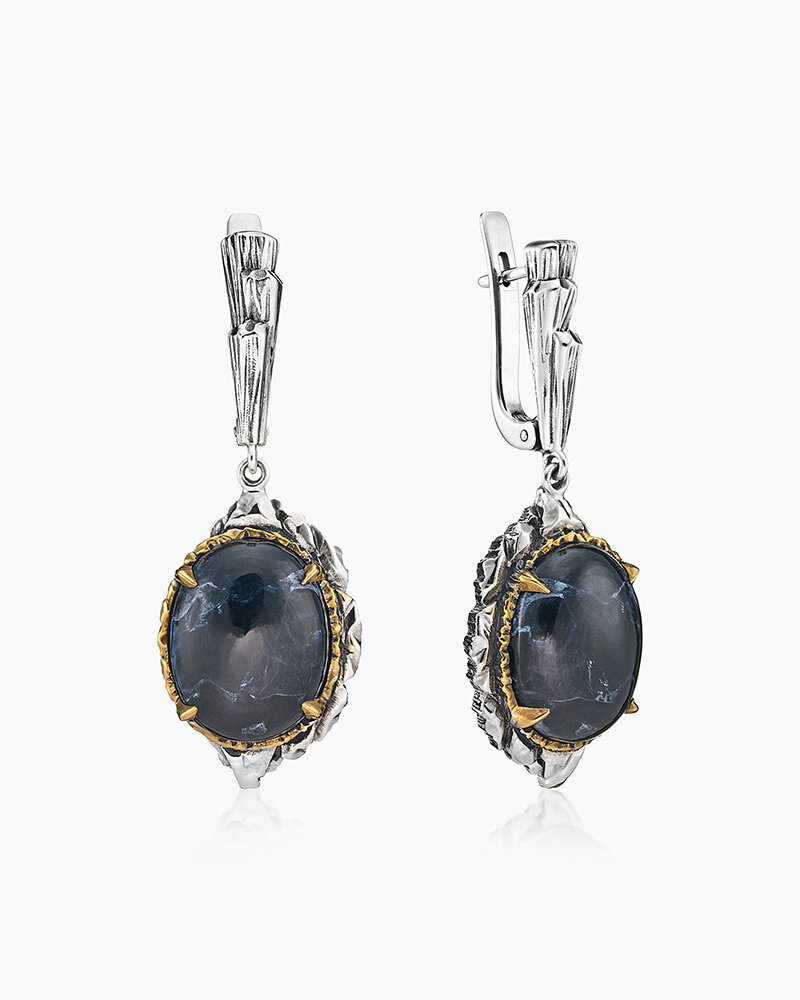 Серьги, серебро, 925 проба, чернение, золочение