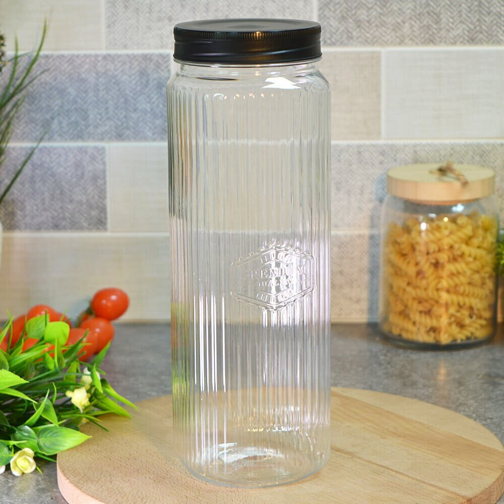 Банка для сыпучих 2л, квадратная, рельефная с эмбоссингом Premium, прозрачно‑чёрный дизайн