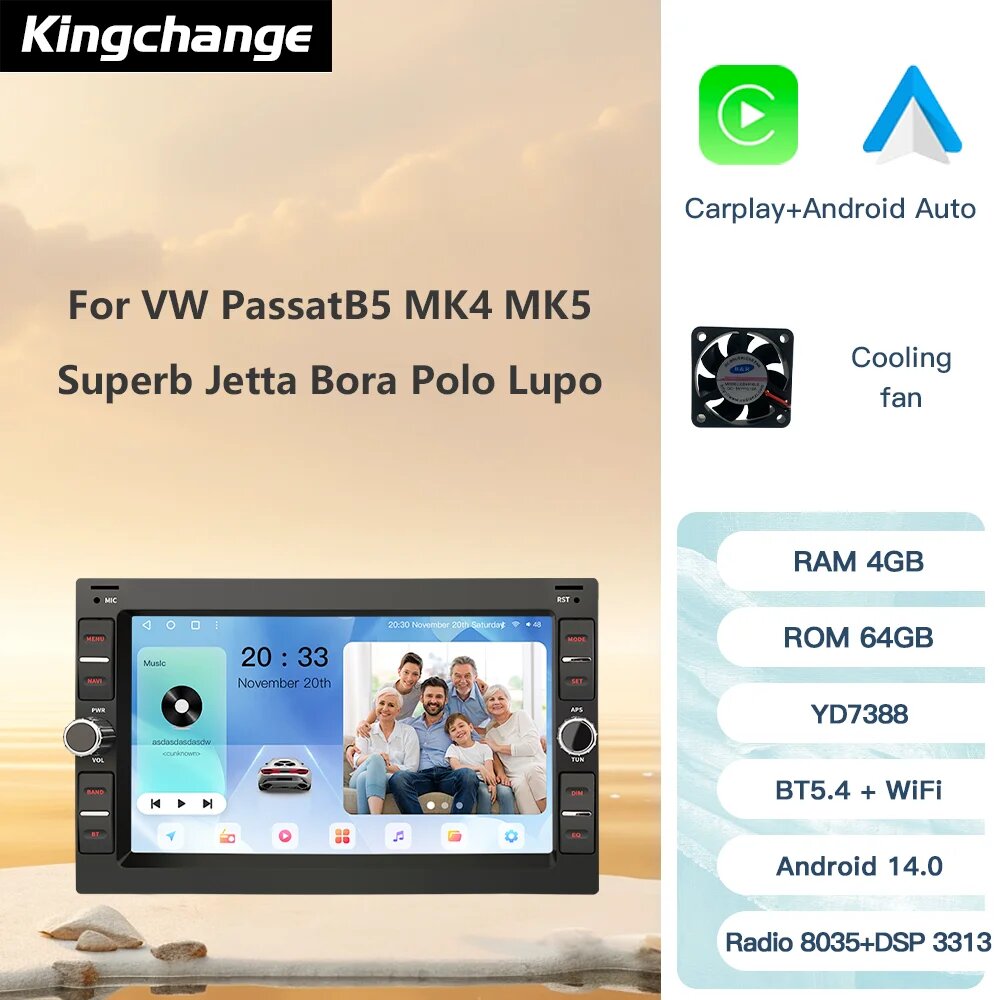 Автомагнитола Kingchange Android 14 для VW Volkswagen PASSAT B5 MK4 MK5 SHARAN Jetta Bora K3 4 64