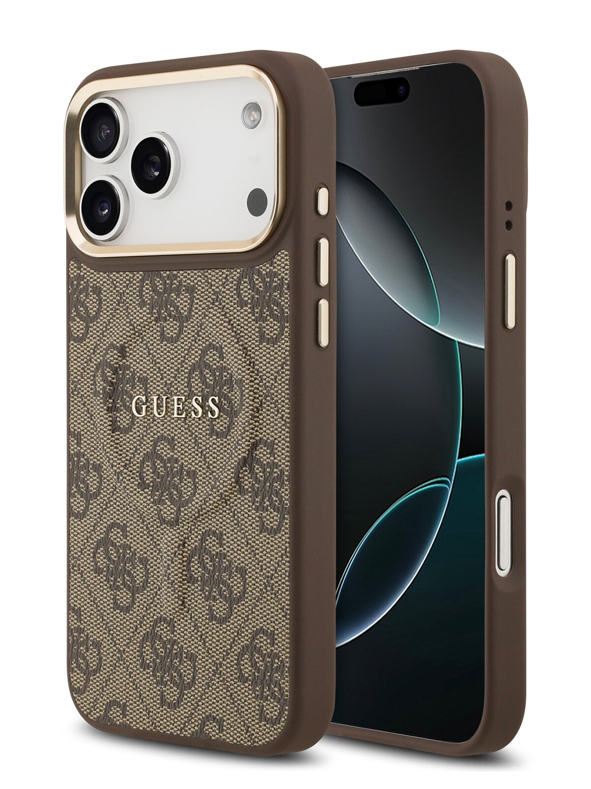 Guess чехол с MagSafe для iPhone 17 Pro Max, PU кожа с принтом 4G, Classic metal logo Gold camera, коричневый