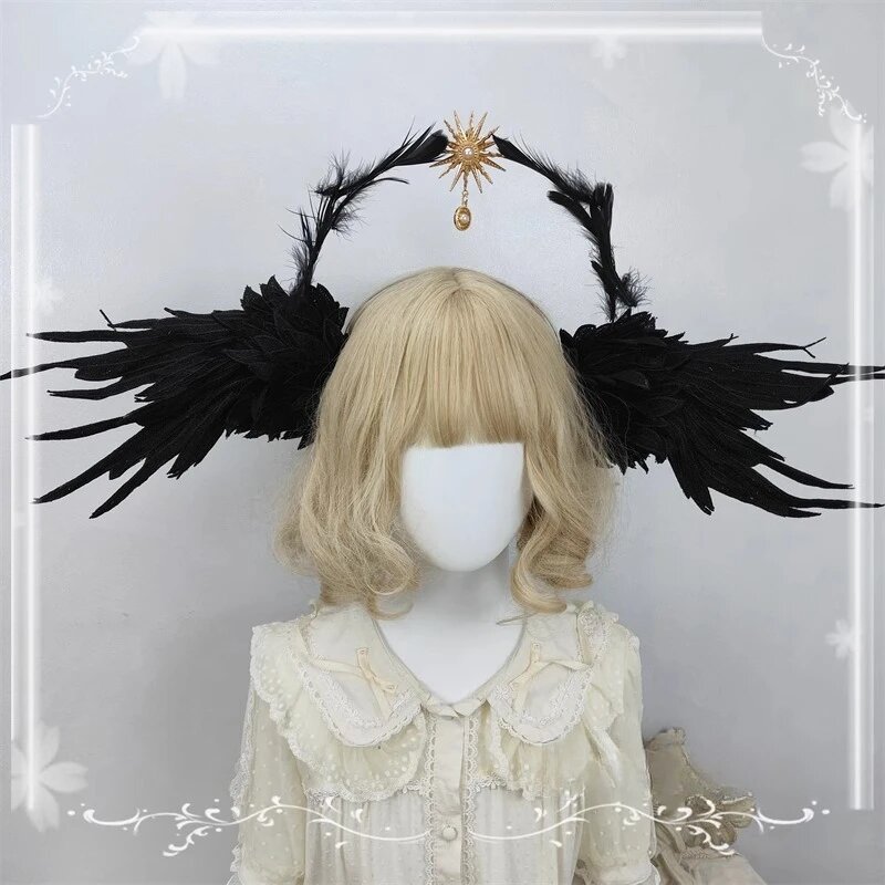 Обруч для волос ручной работы с крыльями ангела и перьями, черно-белый двойной цвет, очень большие крылья, фотография, показ мод