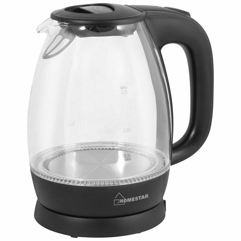 Чайник электрический 1.7Л 1850-2200ВТ диск стекло подсв черн 003567 HOMESTAR