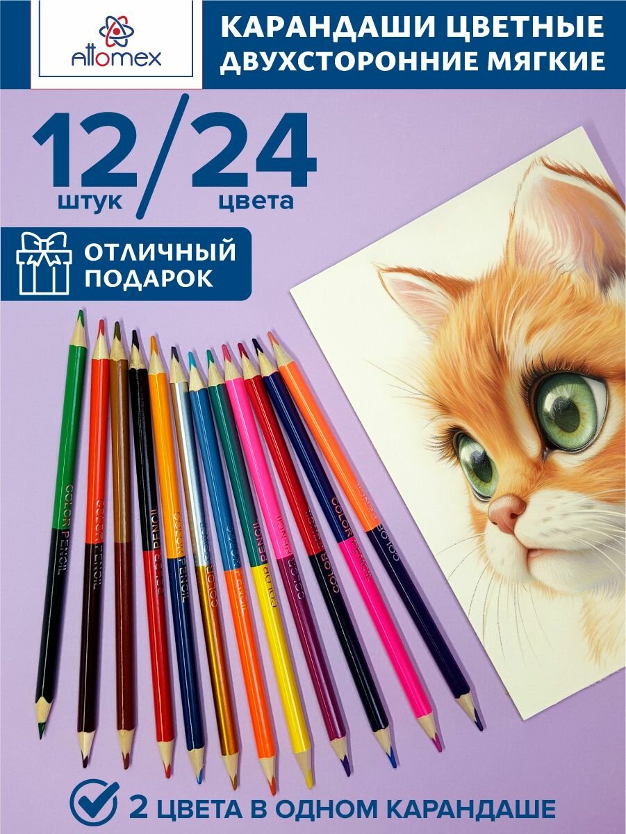Карандаши цветные мягкие двухсторонние 12 шт 24 цветов