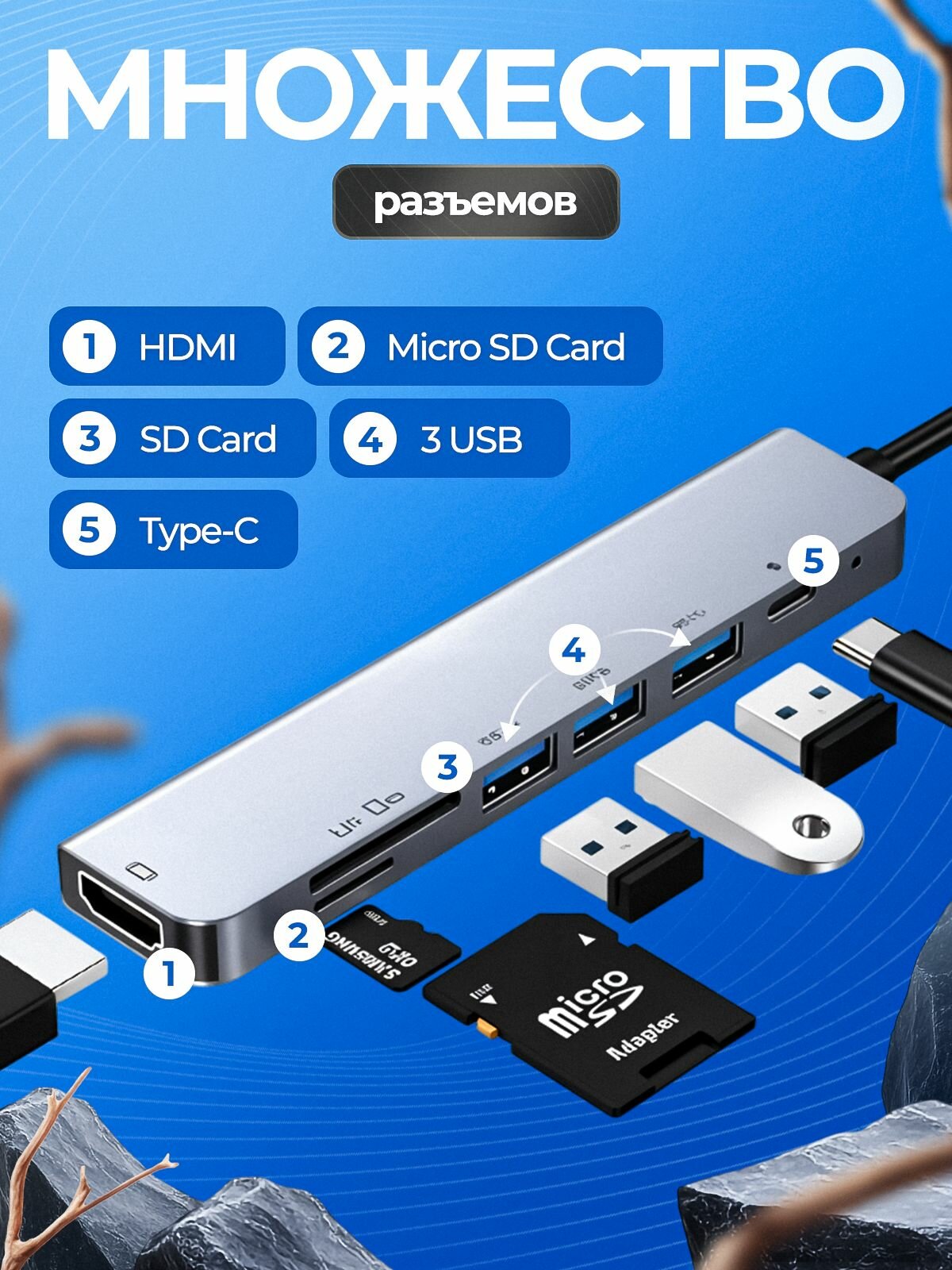 USB hub, разветвитель 7 в 1 — фото 1