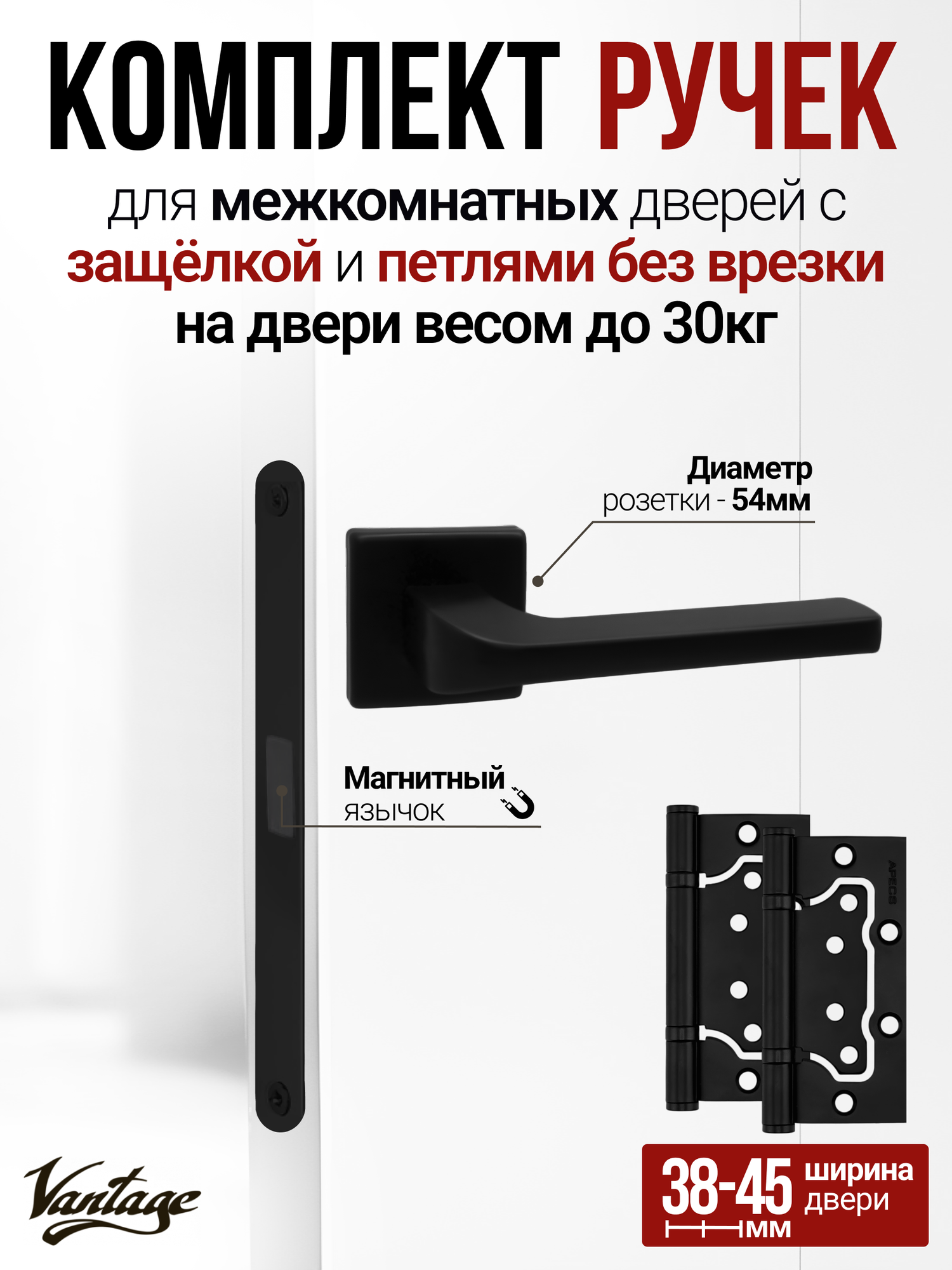 Комплект дверной фурнитуры Vantage: ручки межкомнатные матовый черный с бесшумным магнитным замком-защелкой и петлями без врезки