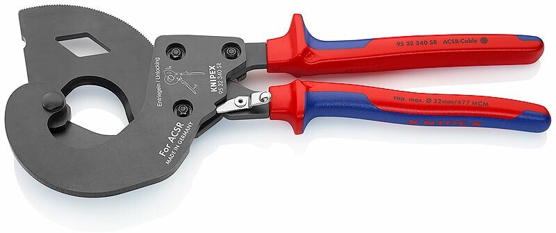 Кабелерез c трещоткой, для кабелей со стальной сердцевиной, ACSR Ø 32 мм (MCM 477, 1 1/4"), 340 мм Knipex KN-9532340SR