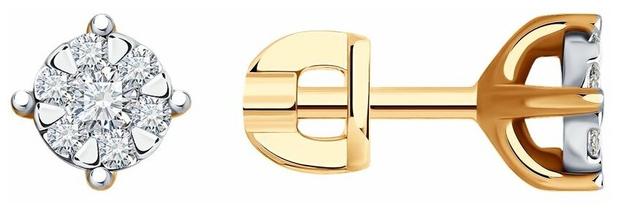 Серьги пусеты, комбинированное золото, 585 проба, бриллиант