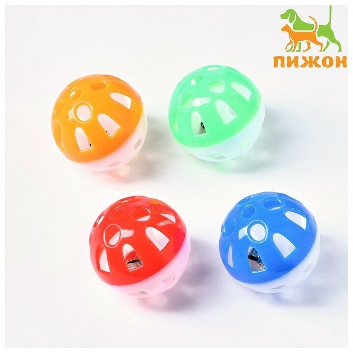 Набор из 4 шариков (диаметр шарика 4 см) с бубенчиком для кошек, микс цветов, 7865604