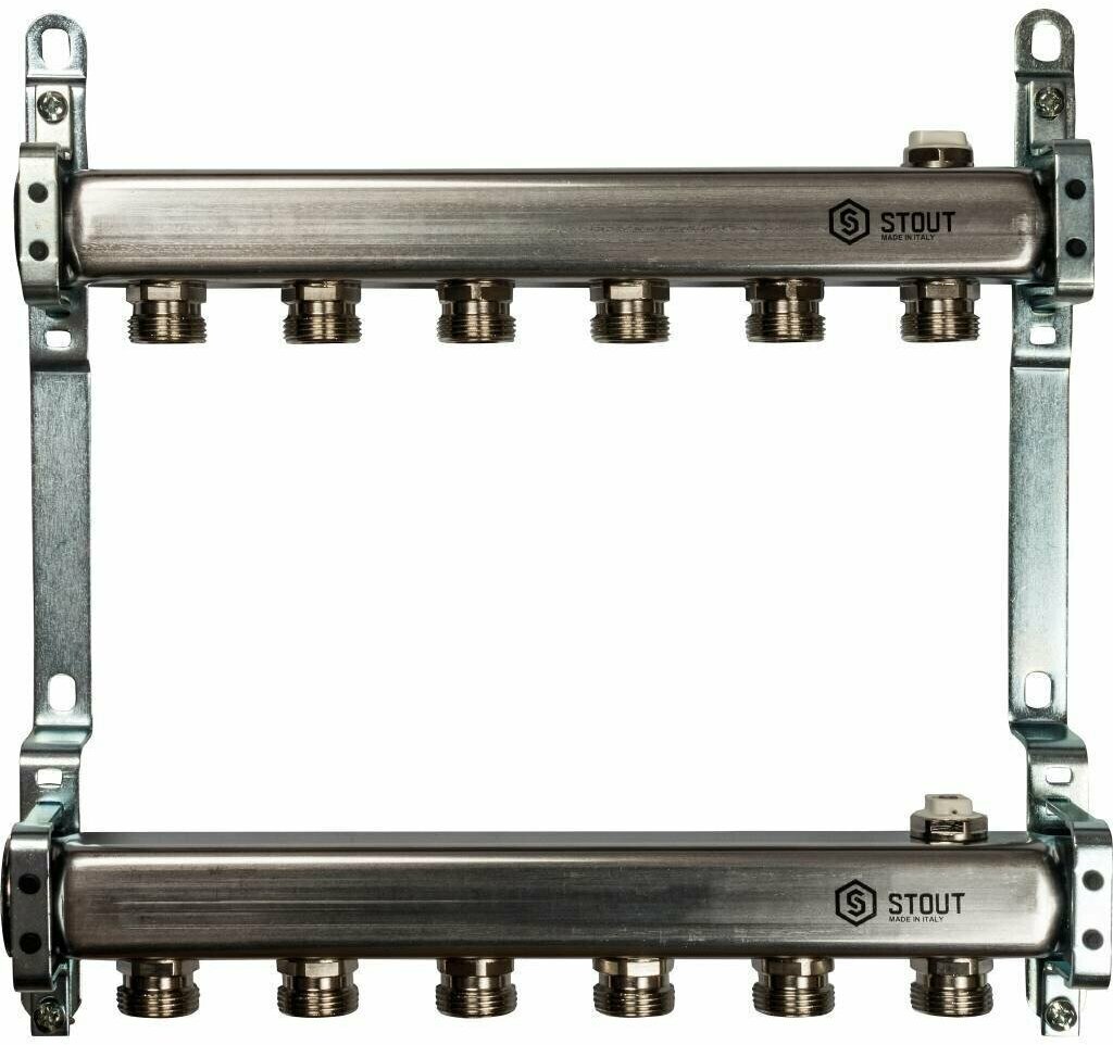 Коллектор для теплого пола из нержавеющей стали STOUT SMS 0923 000006 для радиаторной разводки на 6 выходов