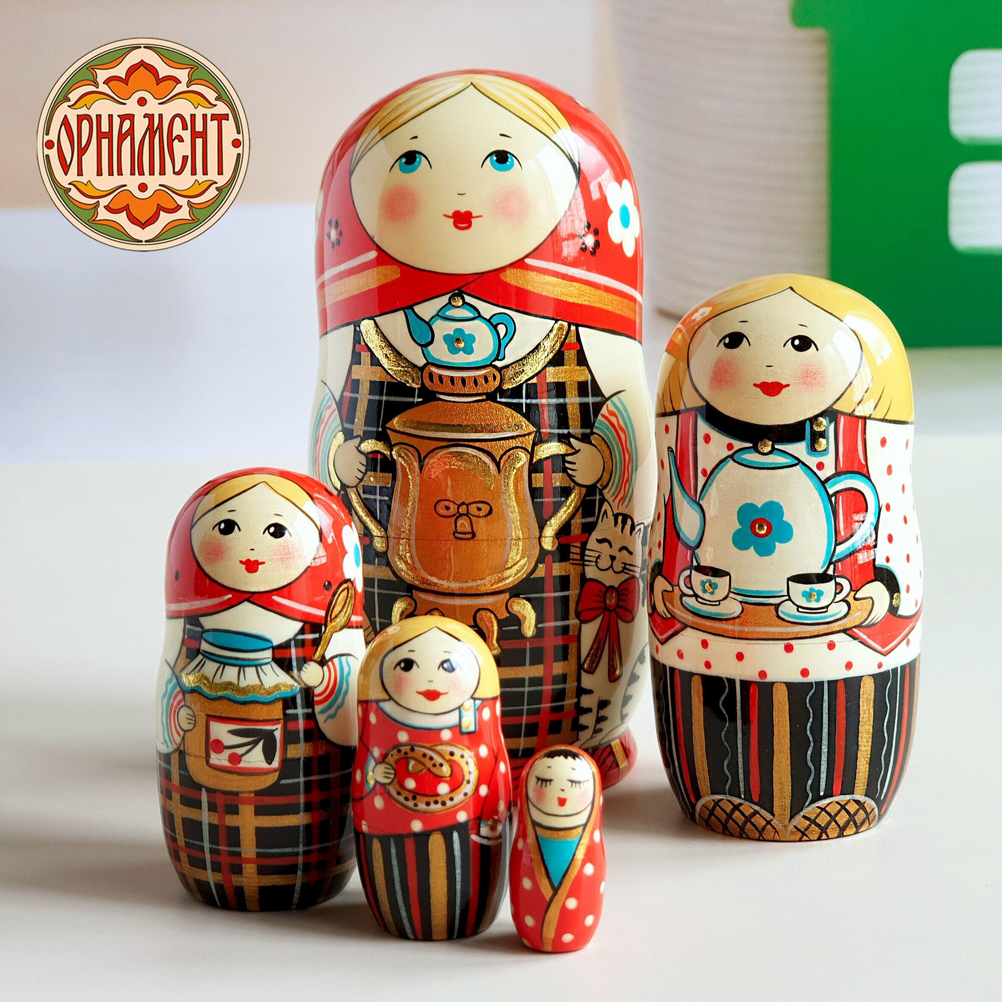 Матрешка деревянная детская развивающая игрушка Самовар 5 мест 11 см Орнамент