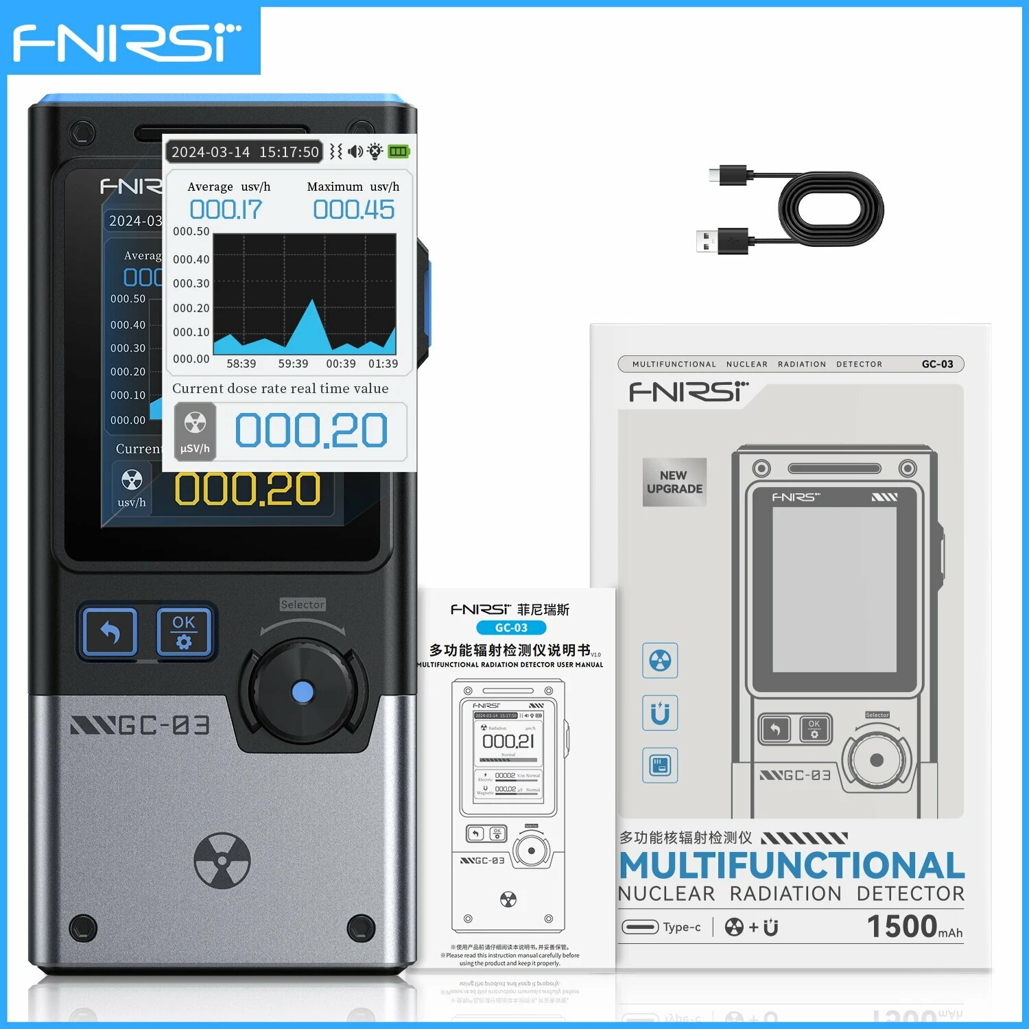 FNIRSI GC-03 Черный Детектор Радиации 3-в-1