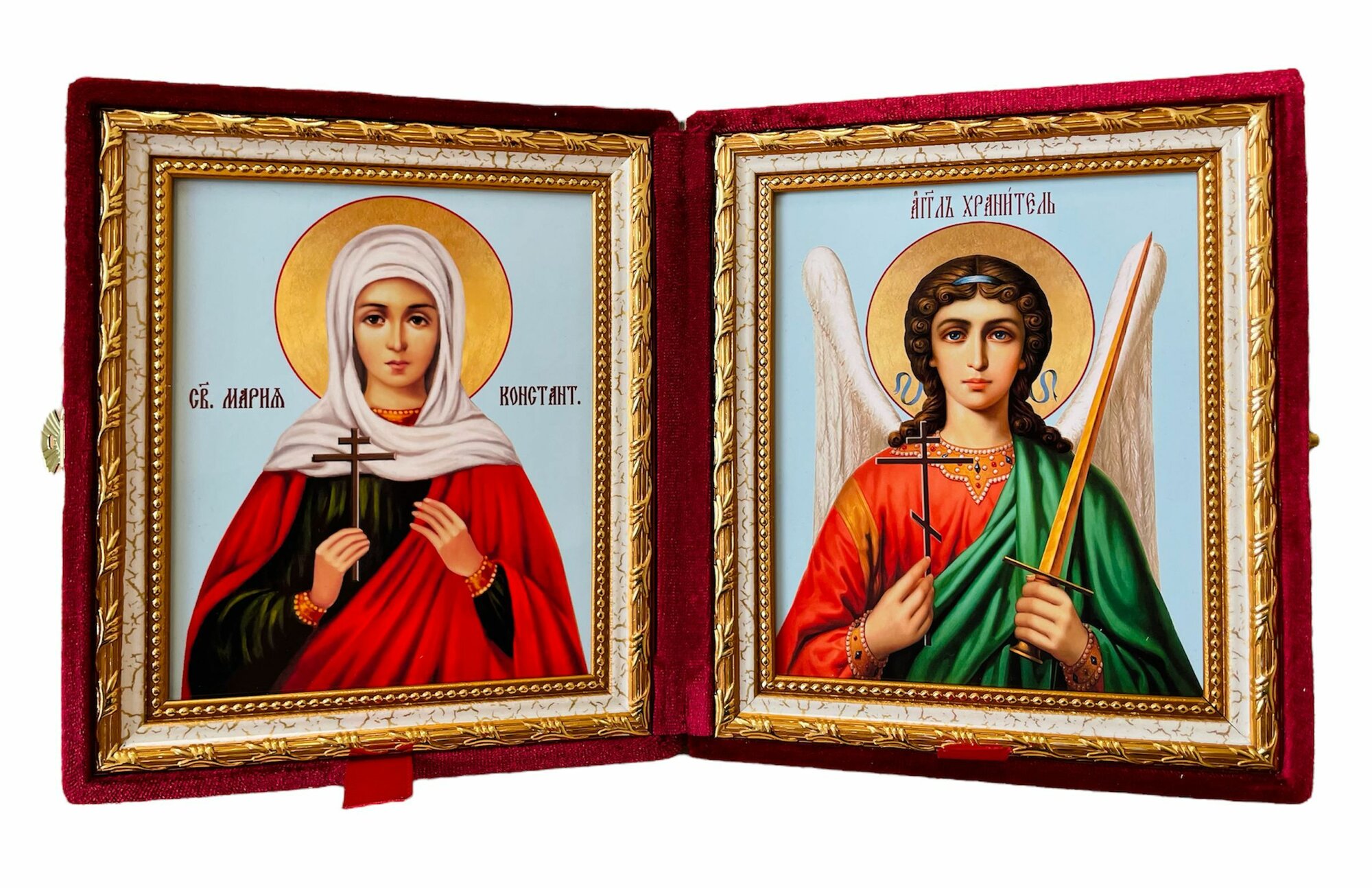 Икона Складень Мария Константинопольская, патрицианка, Мученица и Ангел Хранитель в бархатном футляре, 10х11 см