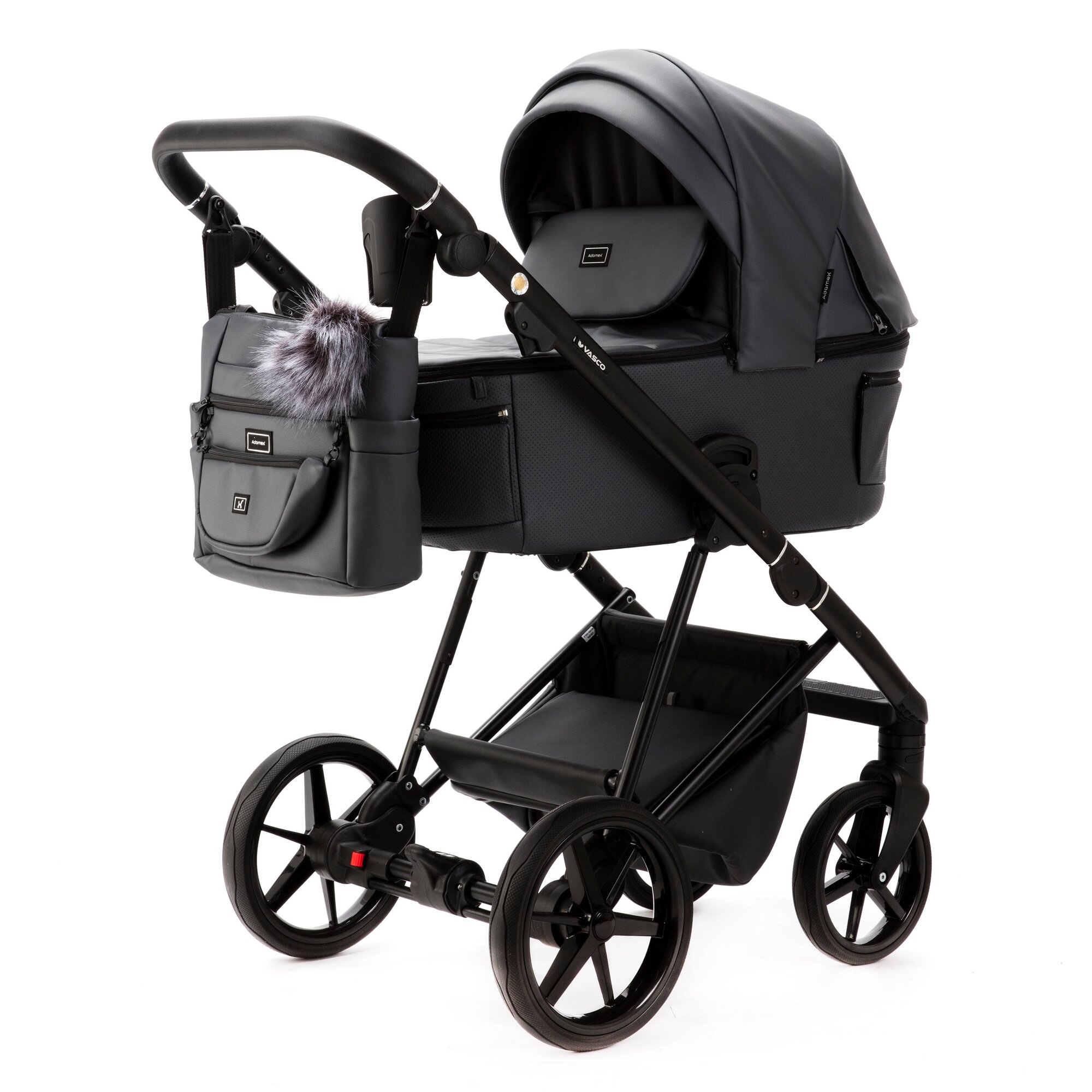 Коляска Adamex Vasco, 2в1, темно-серая кожа, гелевые колеса, поворотные, механизм книжка