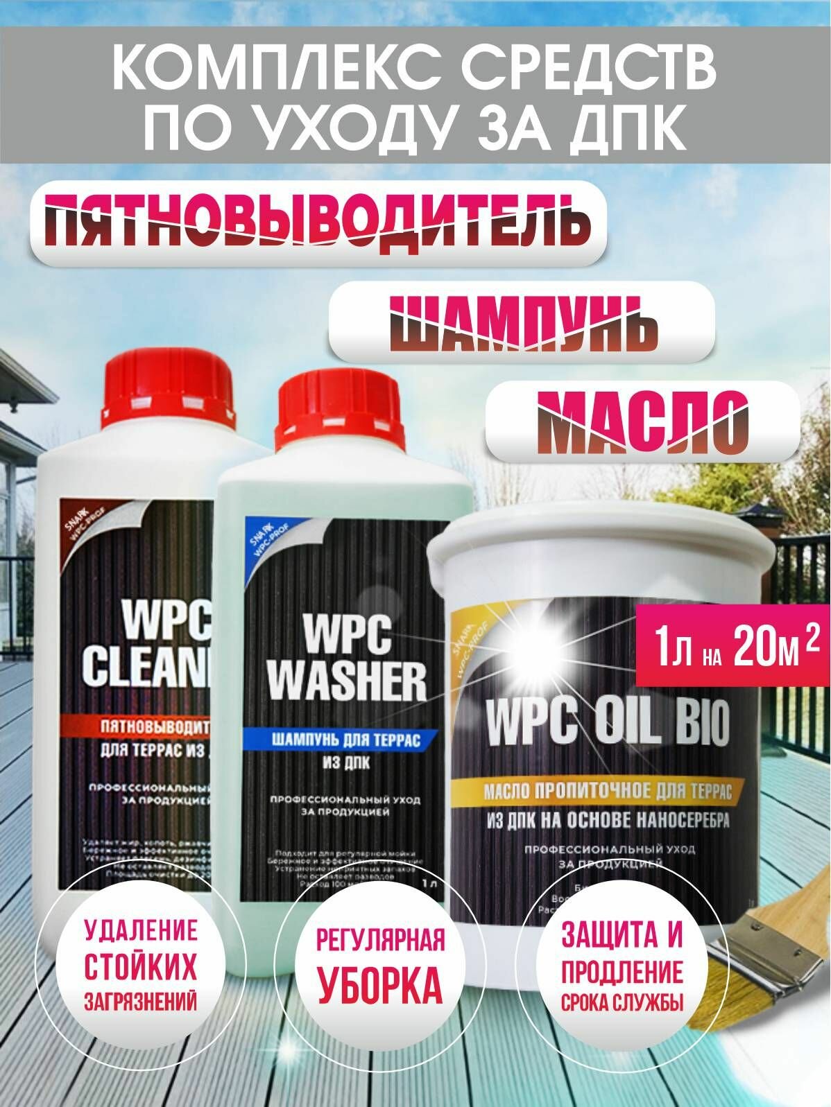 Комплект средств по уходу за ДПК WPC-PROF (Oil Bio+Cleaner+Washer)