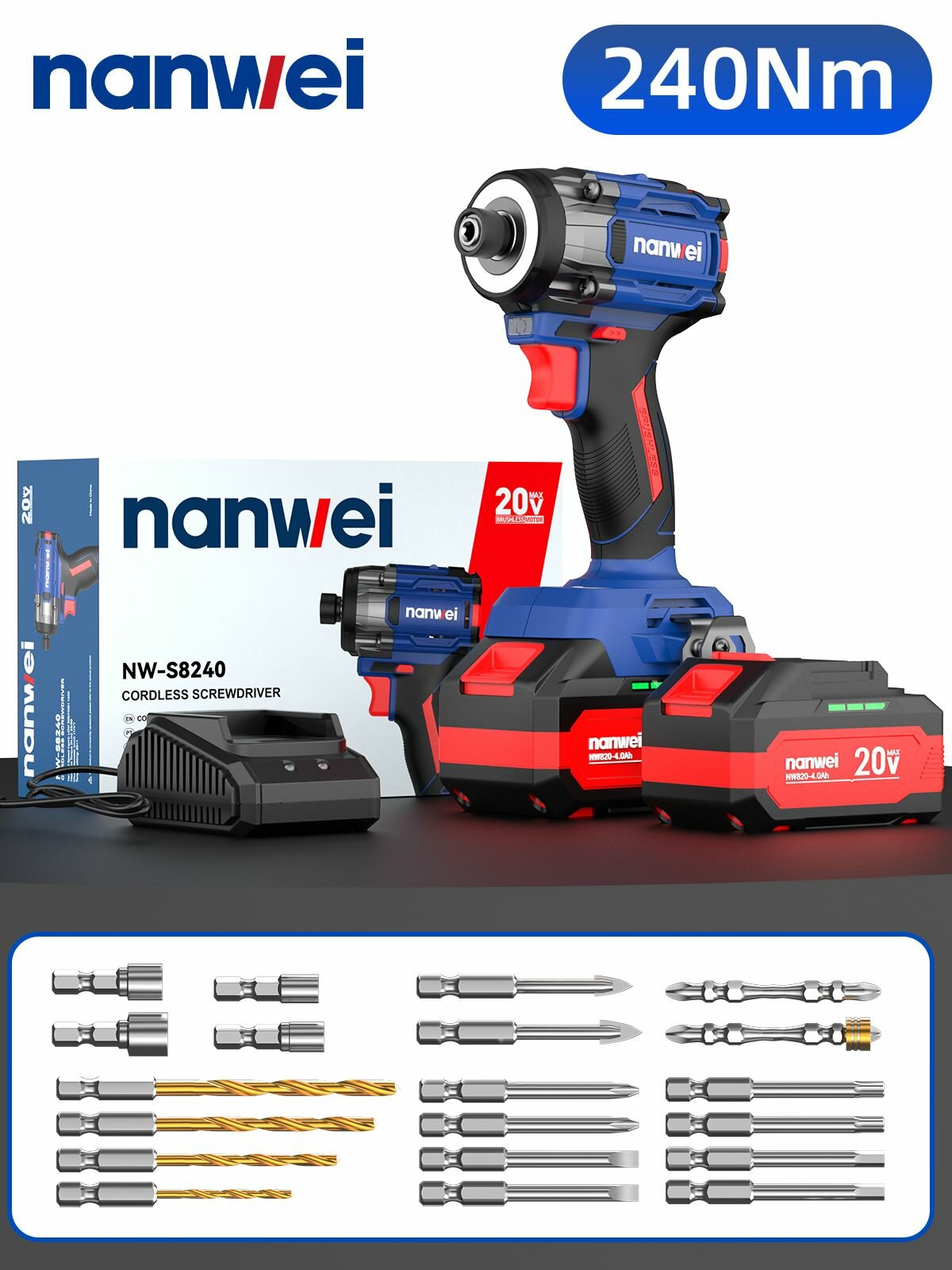 Электрический шуруповерт NANWEI 60/120/180/240 Нм 4-я передача, 1/4 дюйма,3200 об/мин (Батарея 4,0ah x 2)